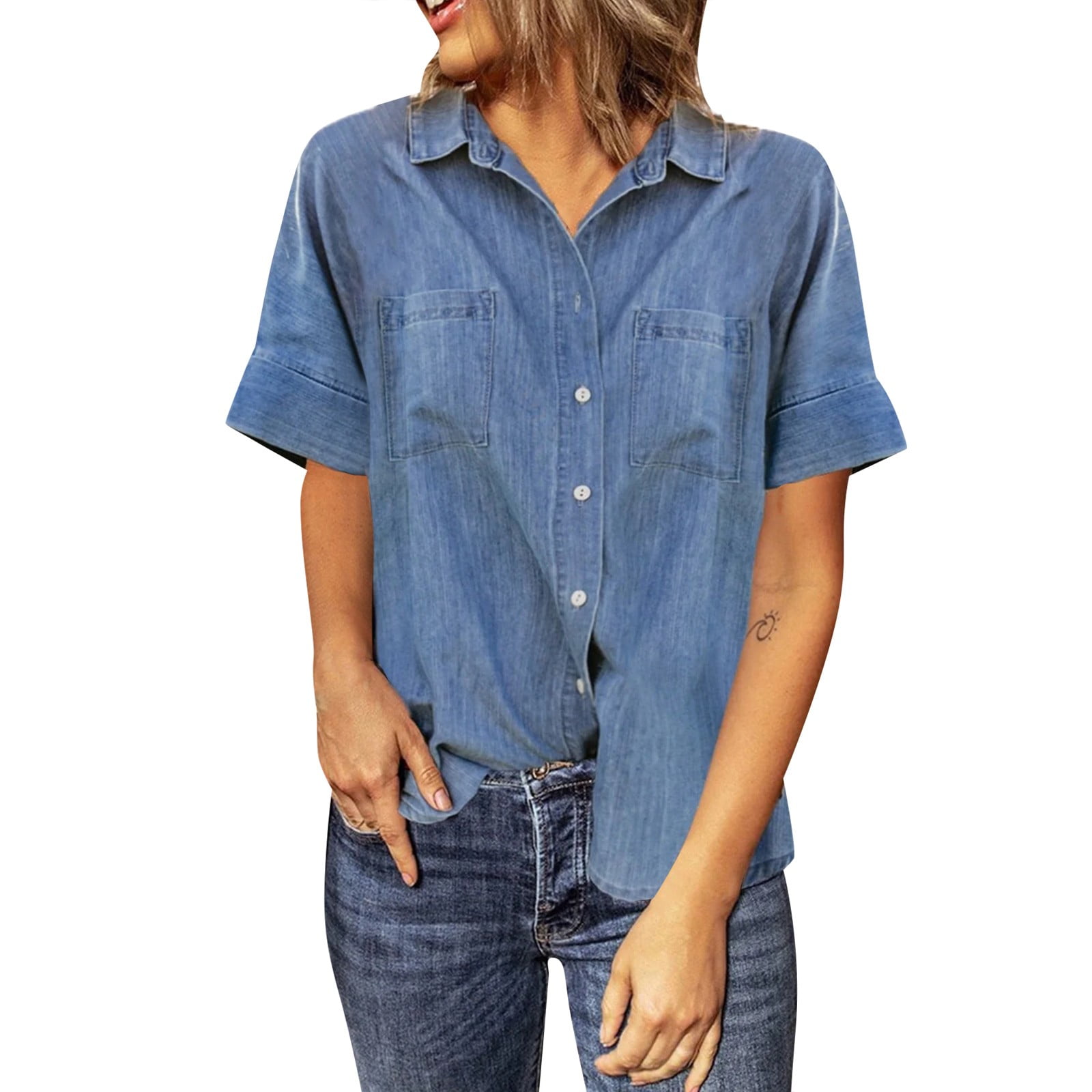 Yigetop Button Down Shirts for Women Denim Button Down Shirt Short ...
