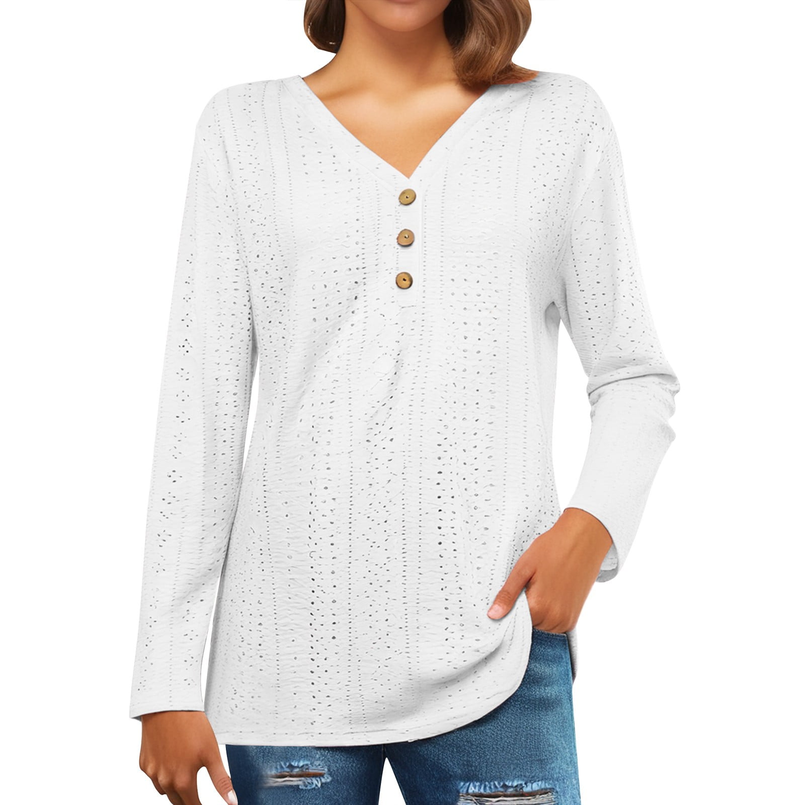 Yigetop Eyelet Tops for Women Women's Button Down Blouse with Eyelet ...