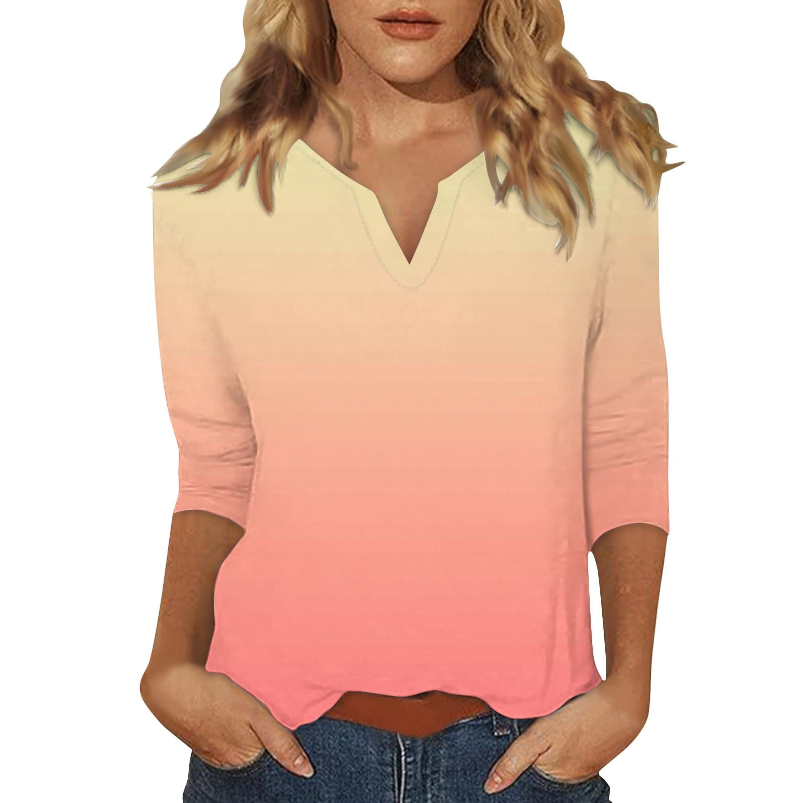 Yigetop Ladies Tops 3/4 Sleeve Tops for Women Summer Notched V Neck ...