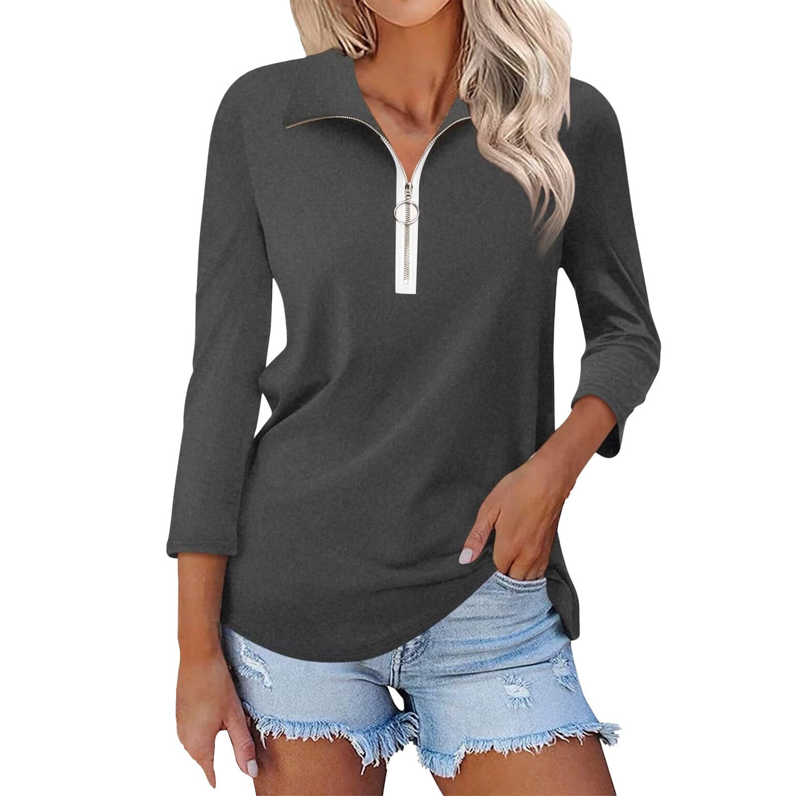 Yigetop Quarter Zip Pullover Women Women's V Neck 3/4 Sleeve Tops ...