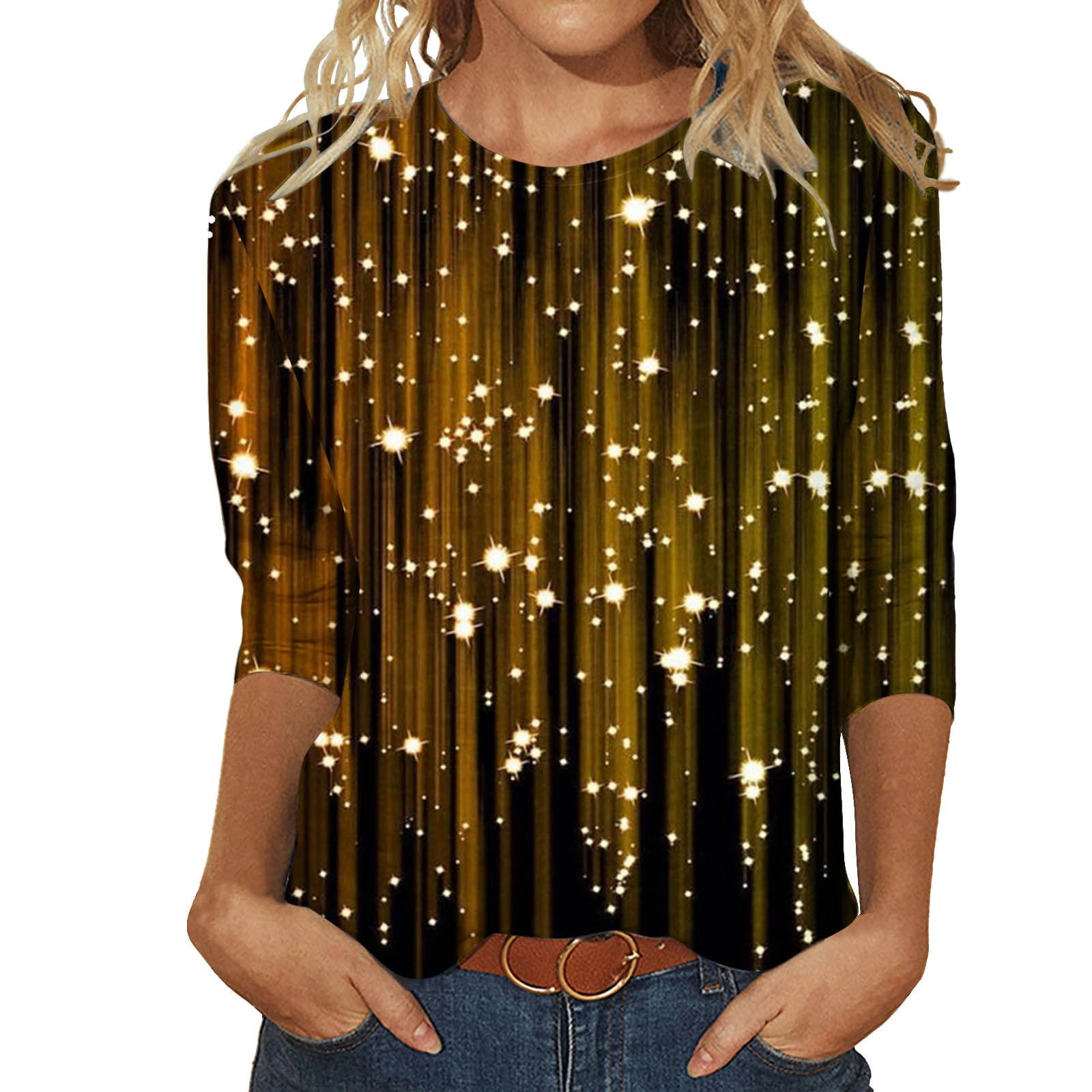 Yigetop Sequin Top Women's Sequin T Shirt Design Three Sleeved Round ...