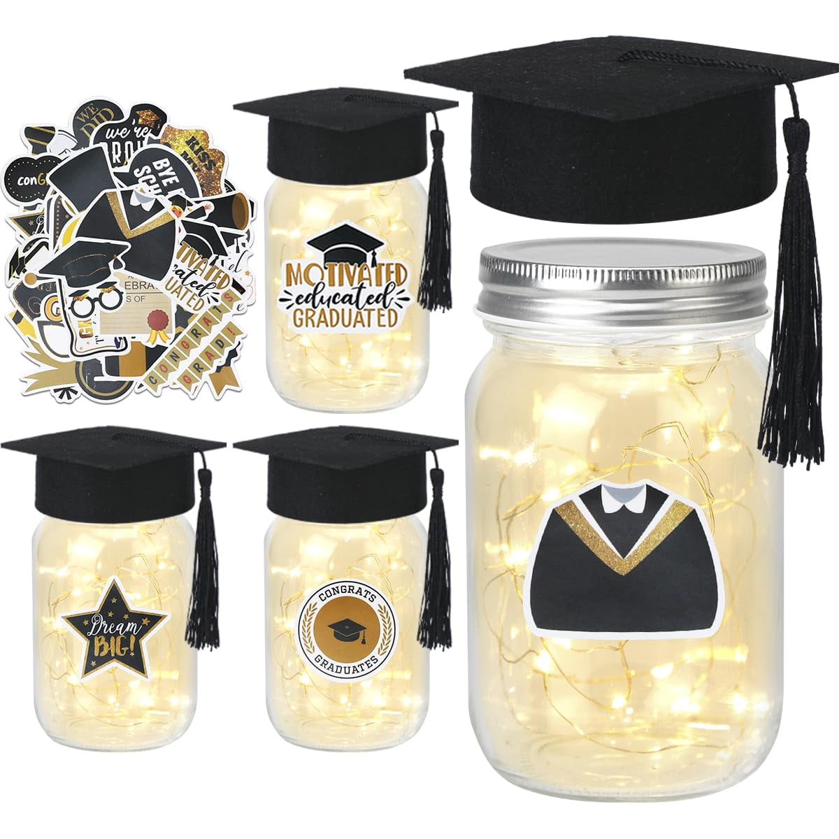 Yigney 4 Sets Graduation Glass Jar ATT1Decorations with Graduation Cap ...