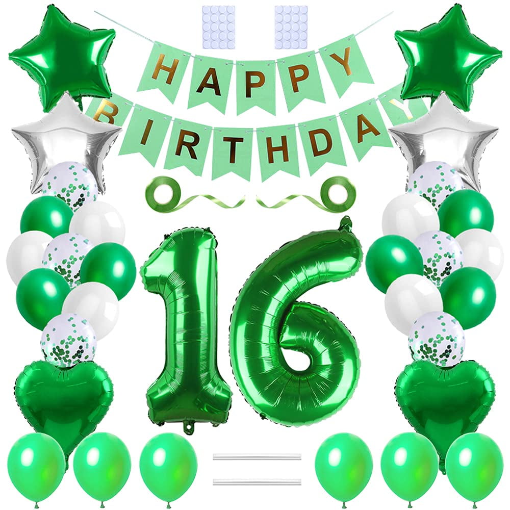 Yijunmca 33pcs Green 16th IFF17 Birthday Party Balloons Kit - Star, Number, Sequined & Latex ...