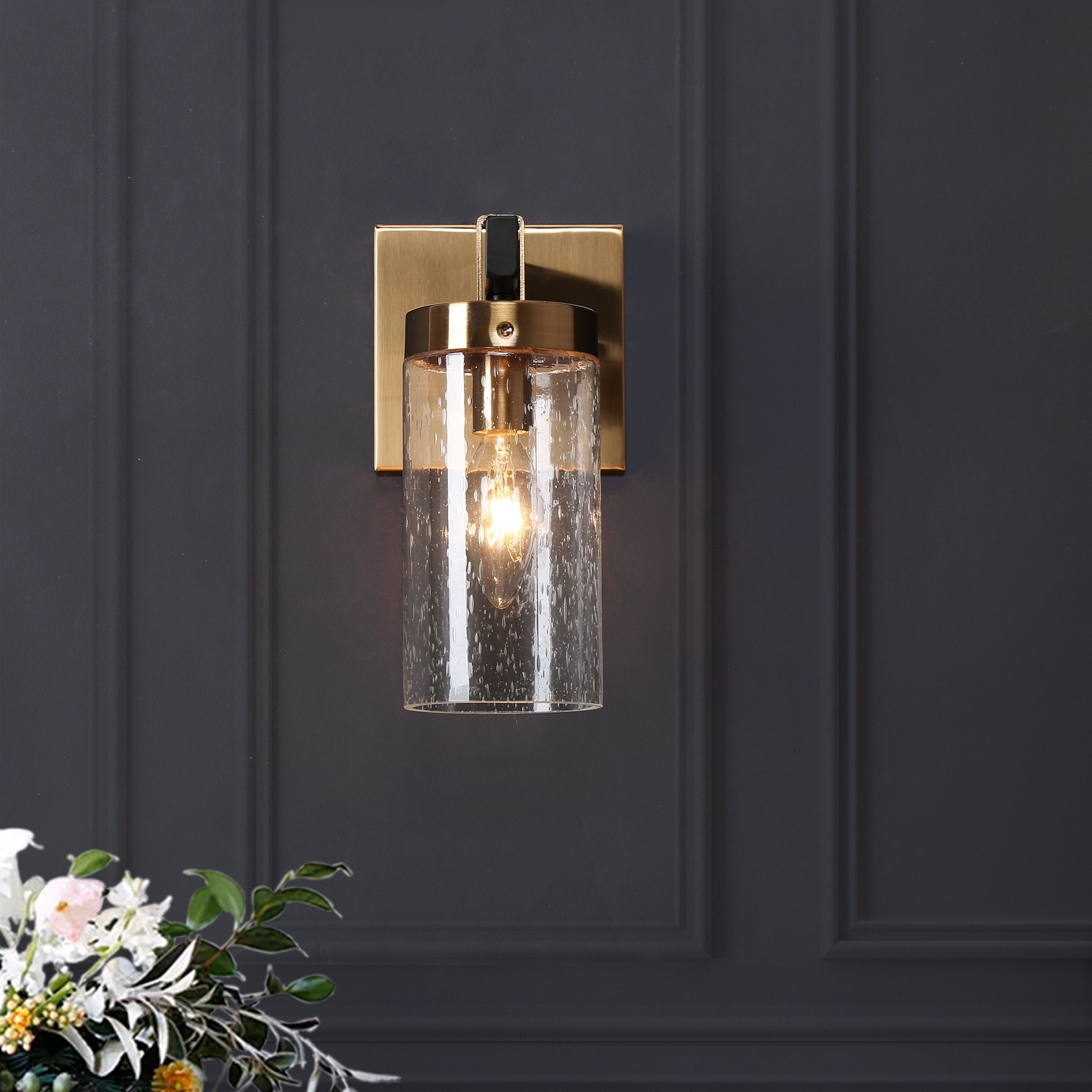 Yilia Modern Black Gold 1-Light Seeded Glass Wall Sconce Bathroom ...