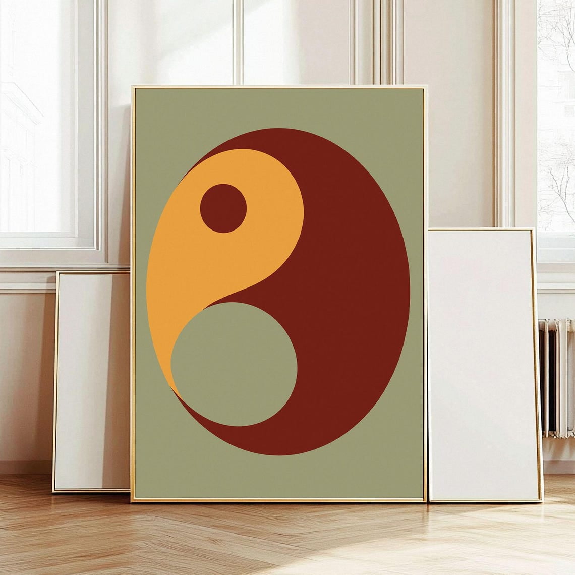 Yin Yang Digital Art Red Yellow Poster Japandi Style Room Decor Earthy ...