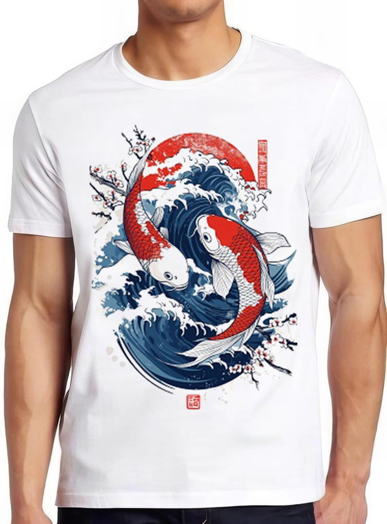 Yin Yang Great Wave Koi Fish Tee – Japanese Calligraphy Gamer Meme ...