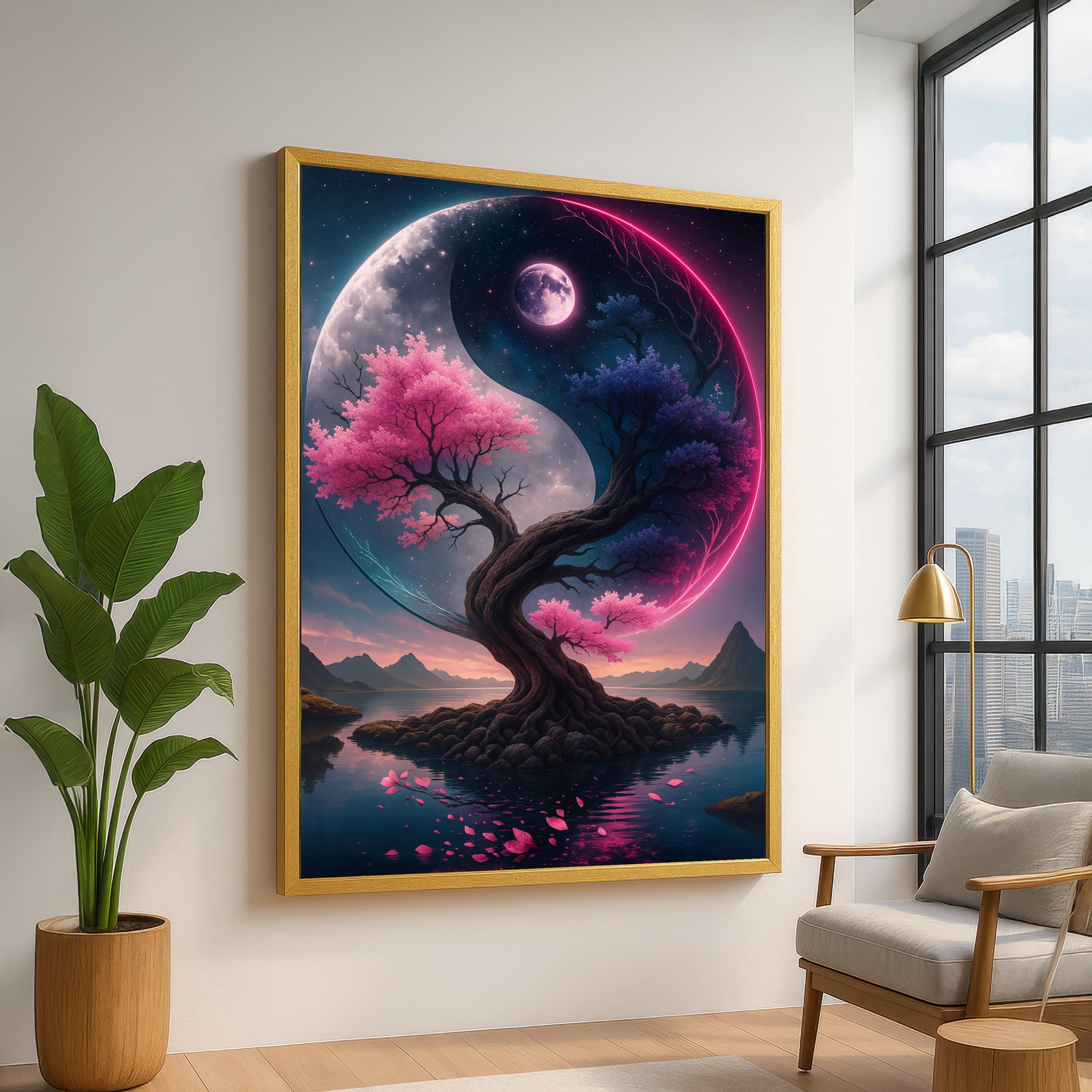 Yin Yang Tree Of Life, Cherry Blossom And Night Sky Wall Art, Mystical ...