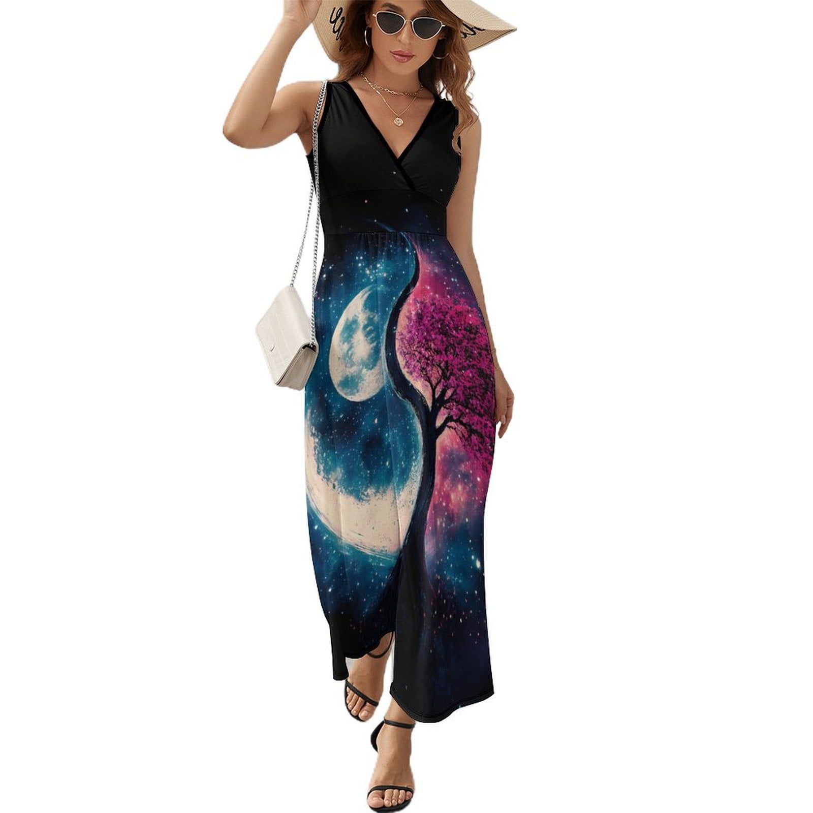 Yin Yang Tree Moon And Starry Sky Womens Maxi Dresses V-Neck Sleeveless ...