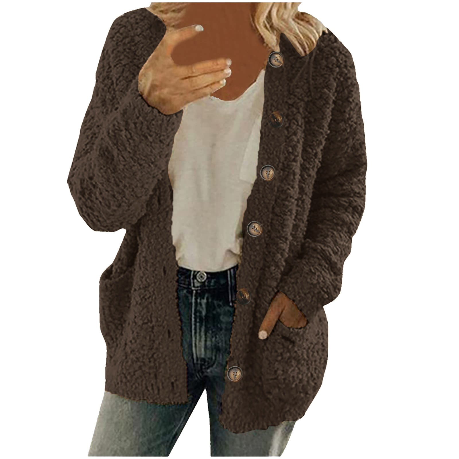 Yindaity Womens Cardigan With Pockets Winter Button Oversized Plush ...