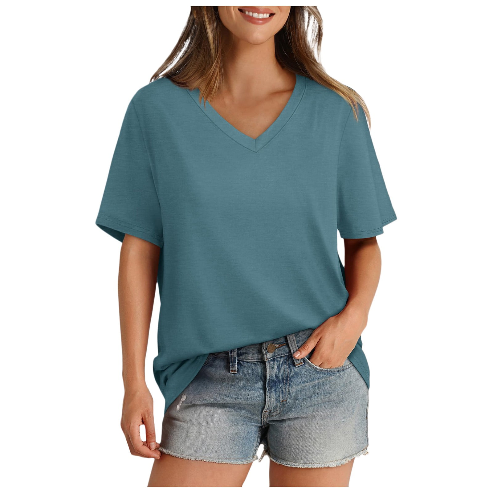 Yindaity Womens T Shirts V Neck Short Sleeve Casual Loose Tees Tops ...