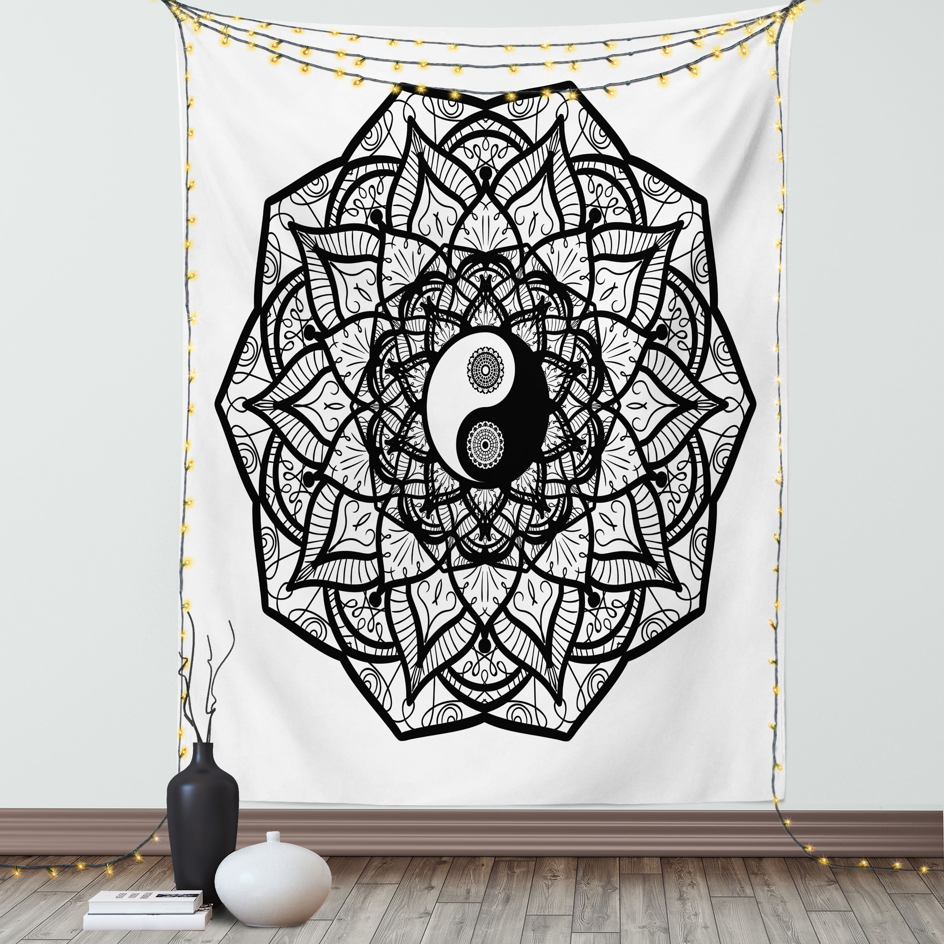 Ying Yang Decor Tapestry, Floral Boho Mandala Graphic Yin Yang Curves ...