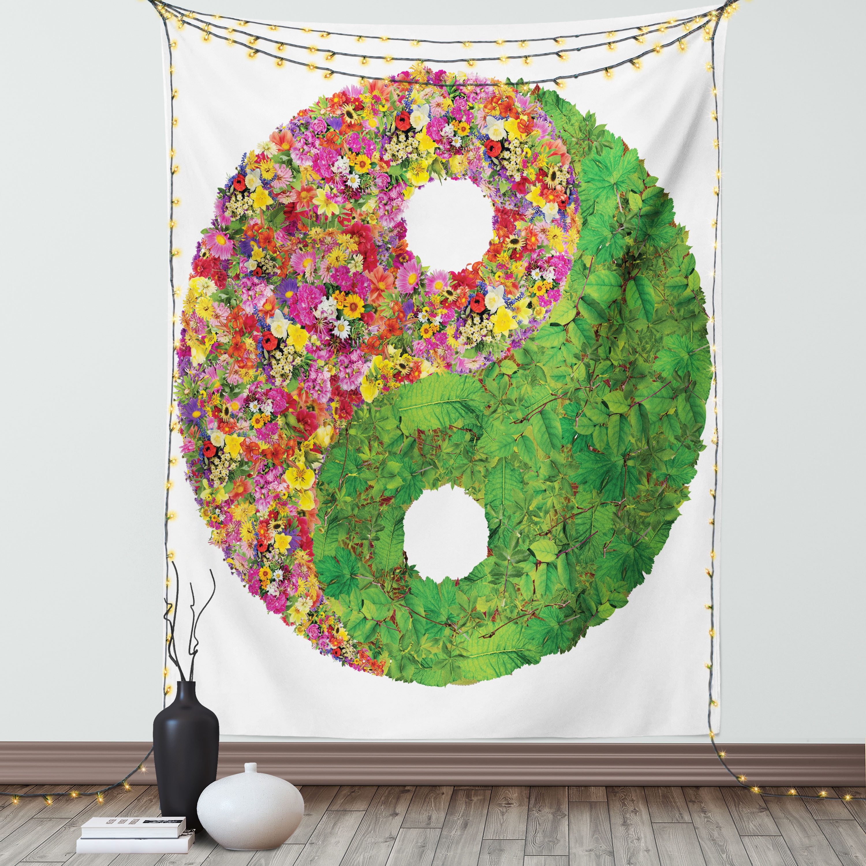 Ying Yang Decor Tapestry, Flowers and Leaf Decor Asian Zen Ying Yang ...