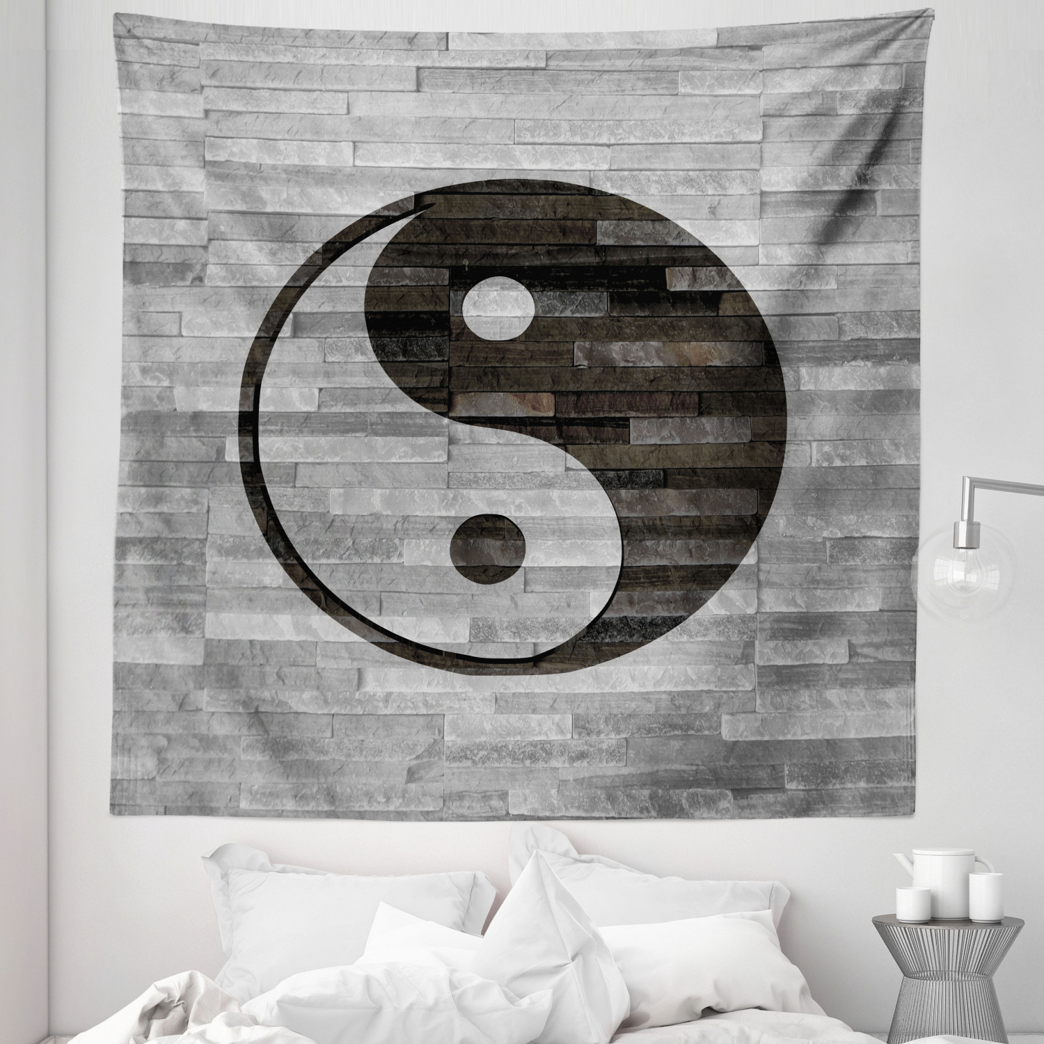 Ying Yang Tapestry, Minimalistic Traditional Ying Yang Rustic Wooden ...