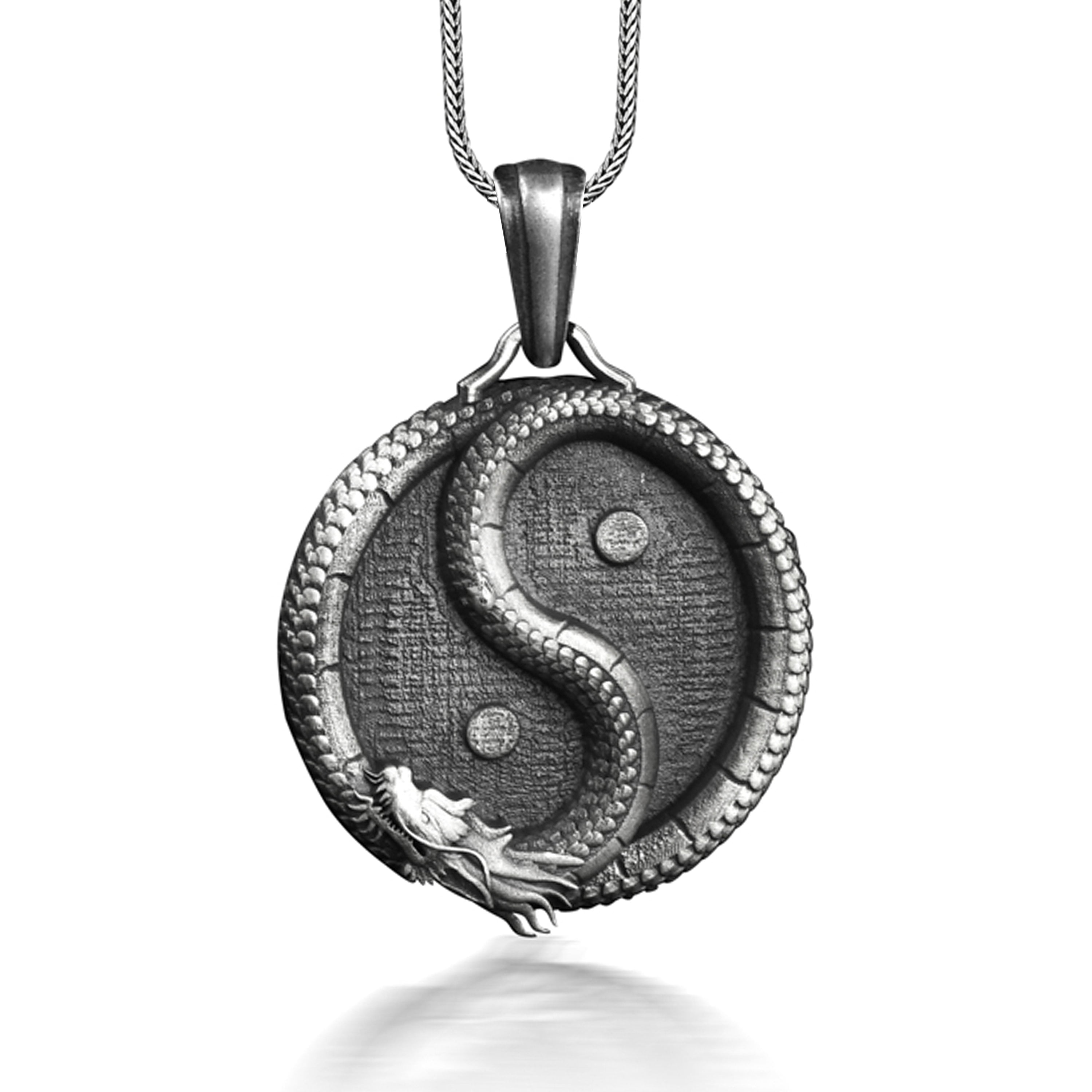 Ying Yang and Dragon Unusual Necklace, Oxidized Chinese Mythology ...