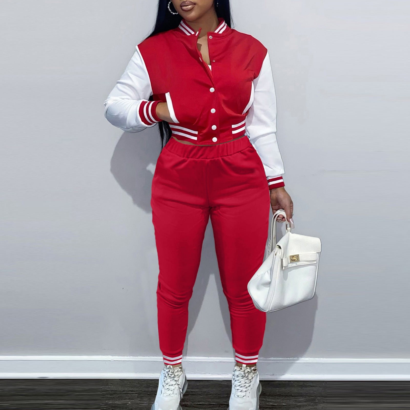 Yinguo Women Autumn Baseball Suit Two Piece Set Solid Coat Long Pants ...