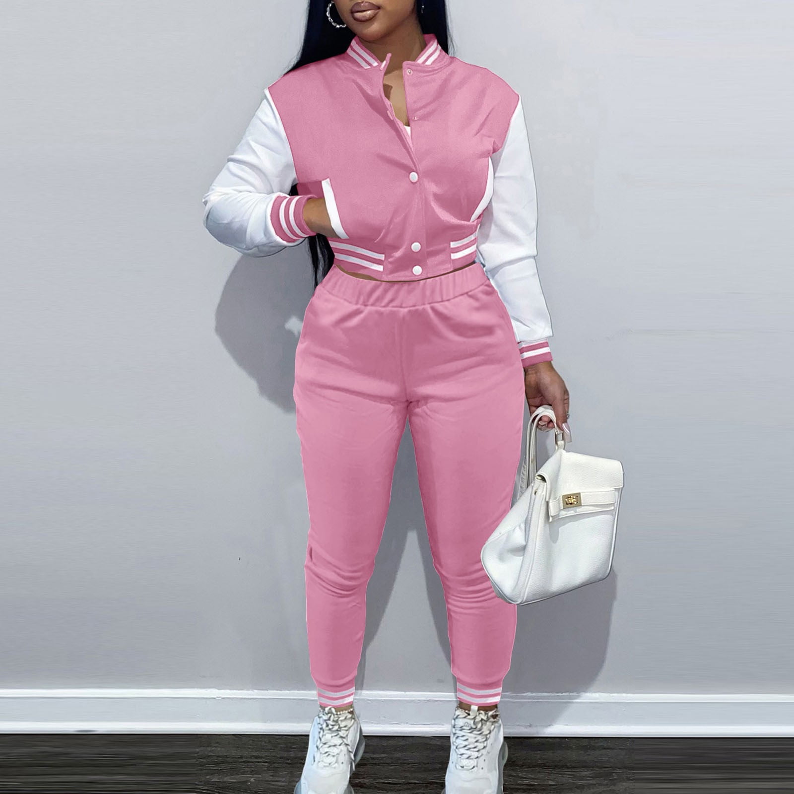 Yinguo Women Autumn Baseball Suit Two Piece Set Solid Coat Long Pants ...