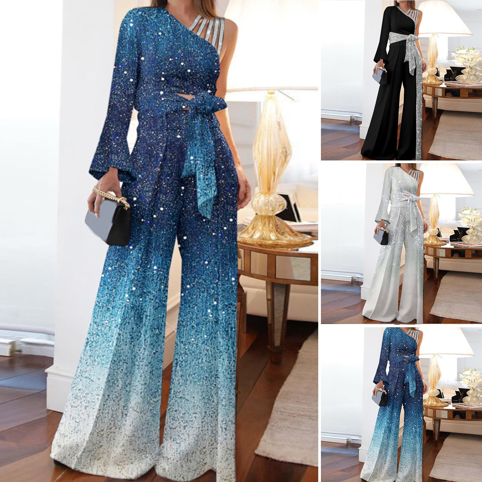 Yinreli 2Pcs/Set Women Outfit Bandage Bowknot High Waist Wide Leg One ...