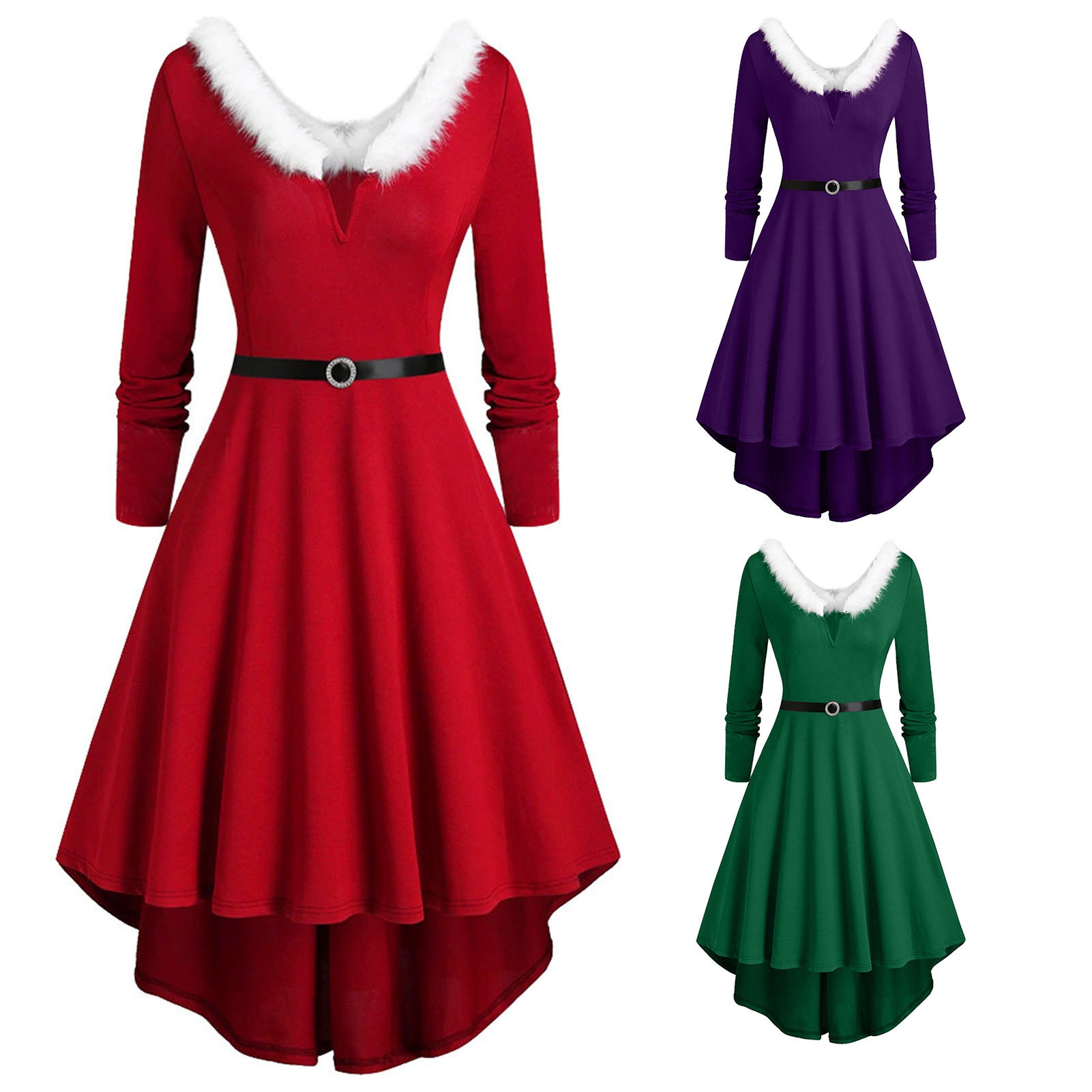 Yinreli A-Line White Furry Neck Festive Party Dress Double-Sided V-Neck ...