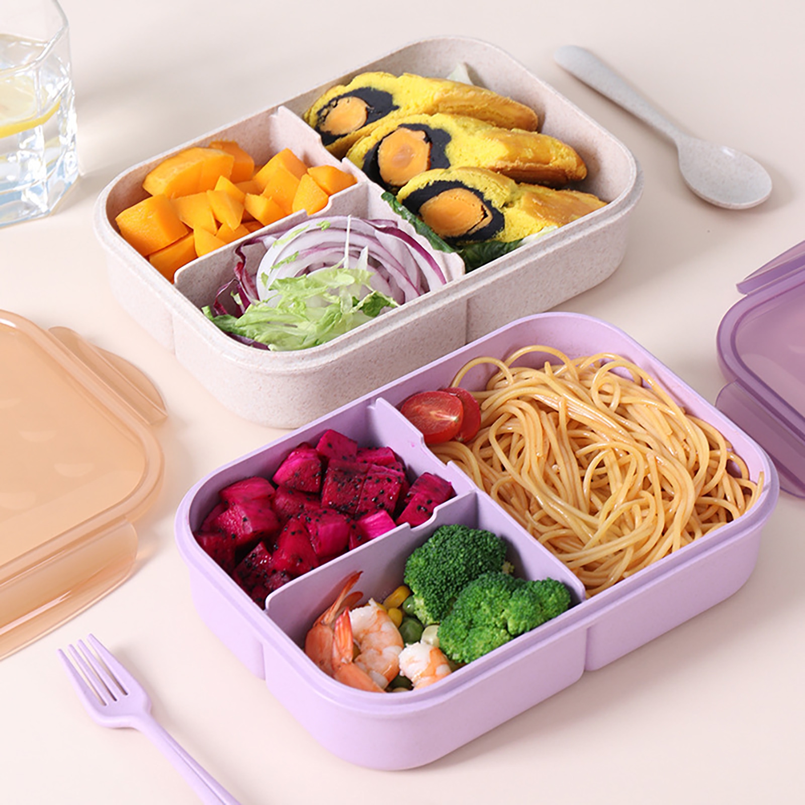 Yinreli Bento Box Leak Proof 3 Compartments Plastic Family Food Storage ...