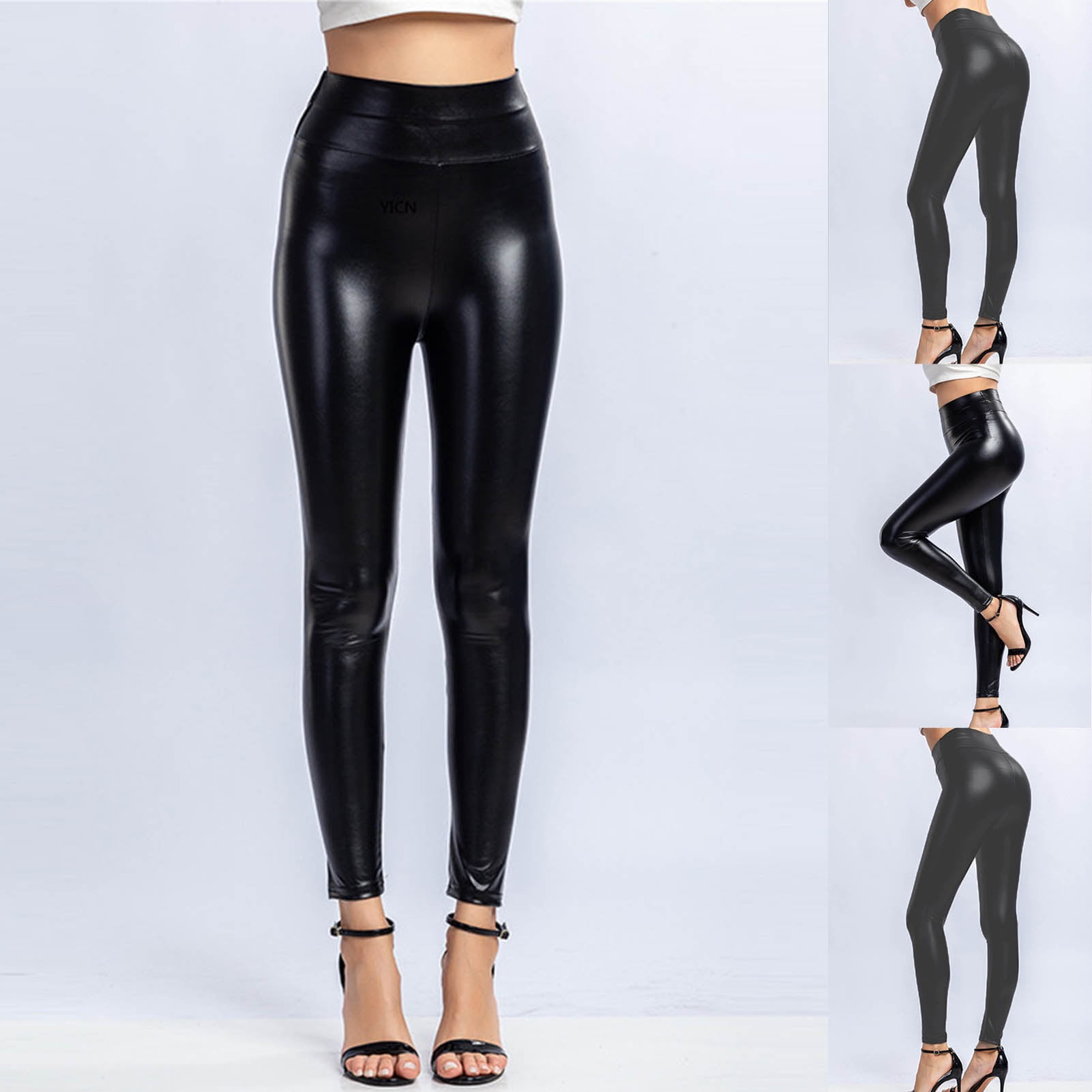 Yinreli Faux Leather Leggings Tights High Waist Polyester Elastic ...