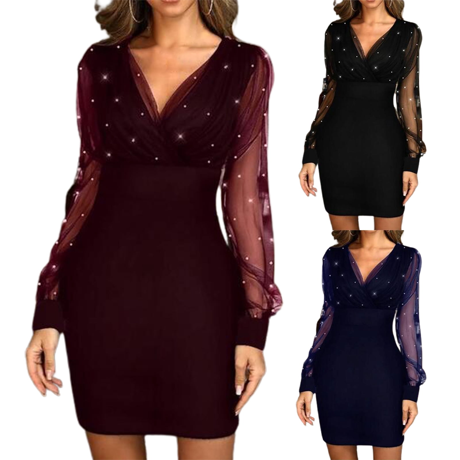 Yinreli Lady Dress See-through Mesh Patchwork V Neck Sheath Dress for ...