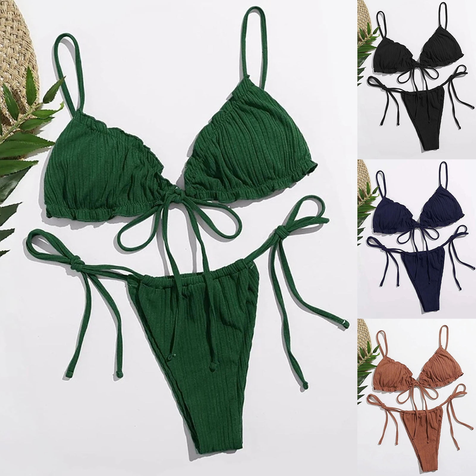 Yinreli Women Swimsuit Spaghetti Strap Bandage Two Piece Solid Color ...