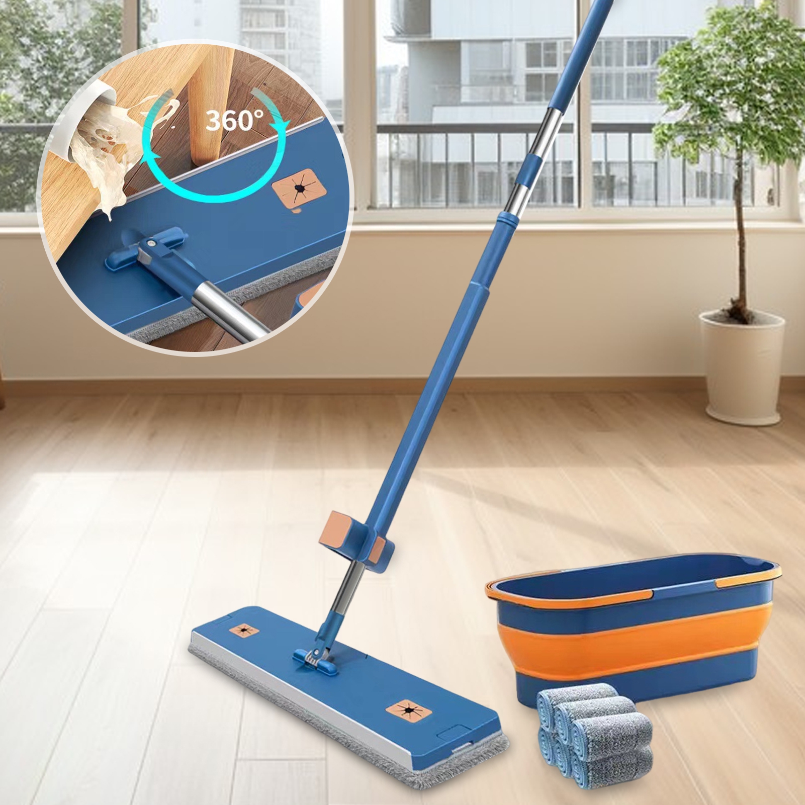 Yipinau Flat Mop with Folding Bucket Rotating Mop with Stainless Steel ...