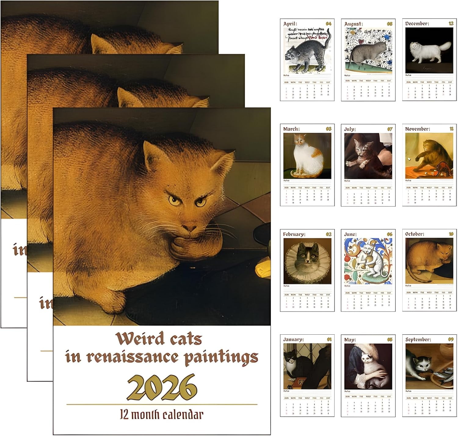 Yippzo Weird Cats in Renaissance 2026 Wall Calendar - 12 Weird Cats in ...