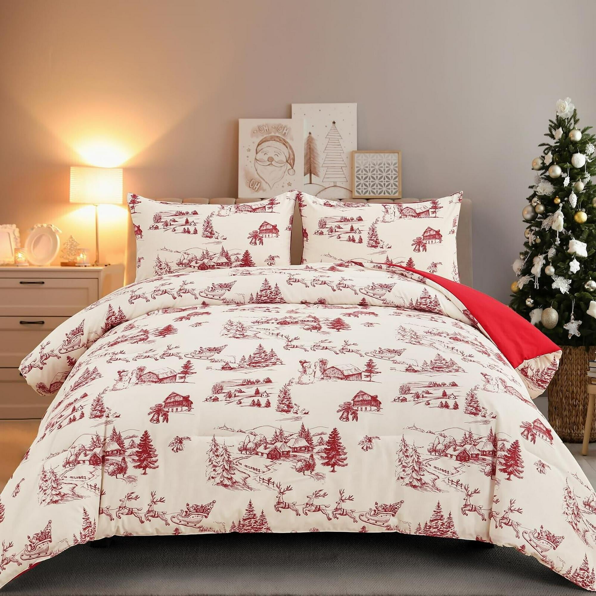 Yiran Queen Red Christmas Comforter Set Christmas Tree Snowman ...