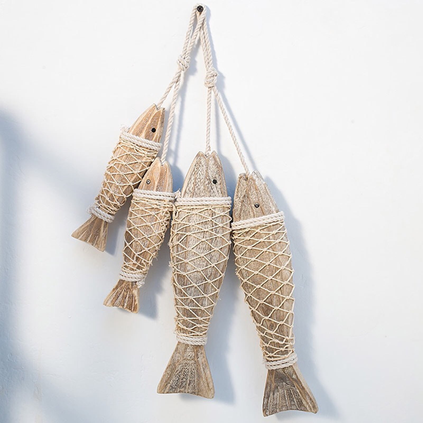 Yirtree Hanging Vintage Carved Wooden Fish with Fishing Net Decor Hand ...
