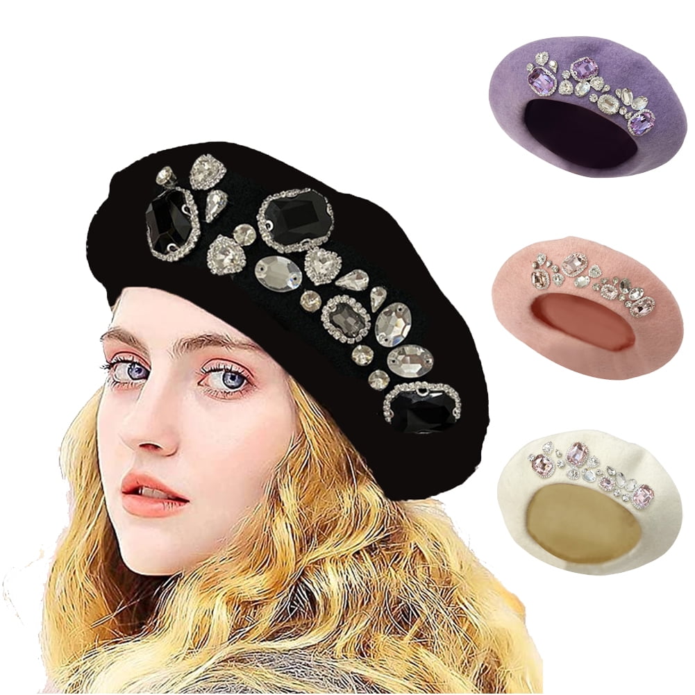 Yirtree Rhinestone Beret Hats for Women Wool French Hat Lady Winter ...
