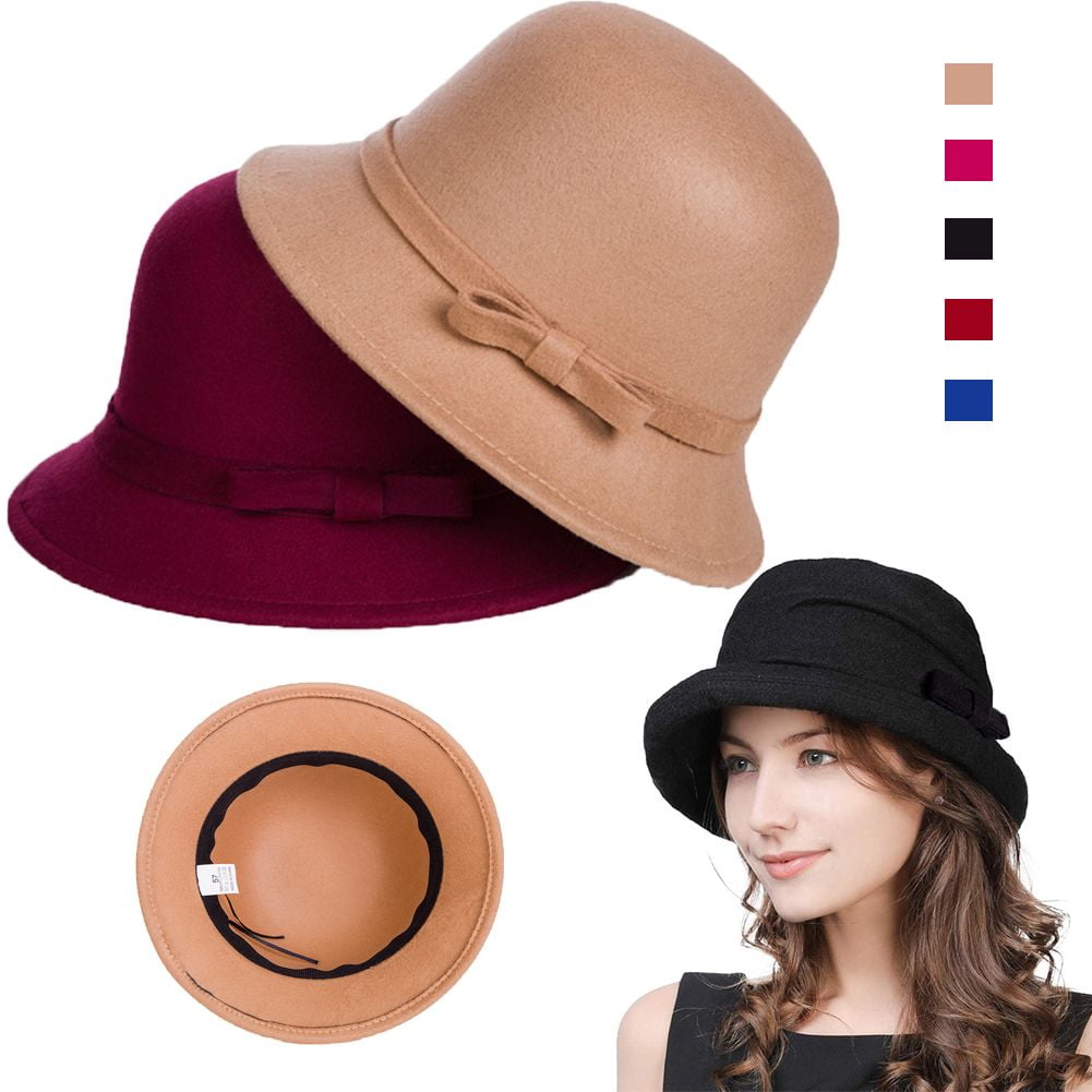 Yirtree Round Hat for Women Fedora Bucket Vintage Hat Warm Woolen Bow ...