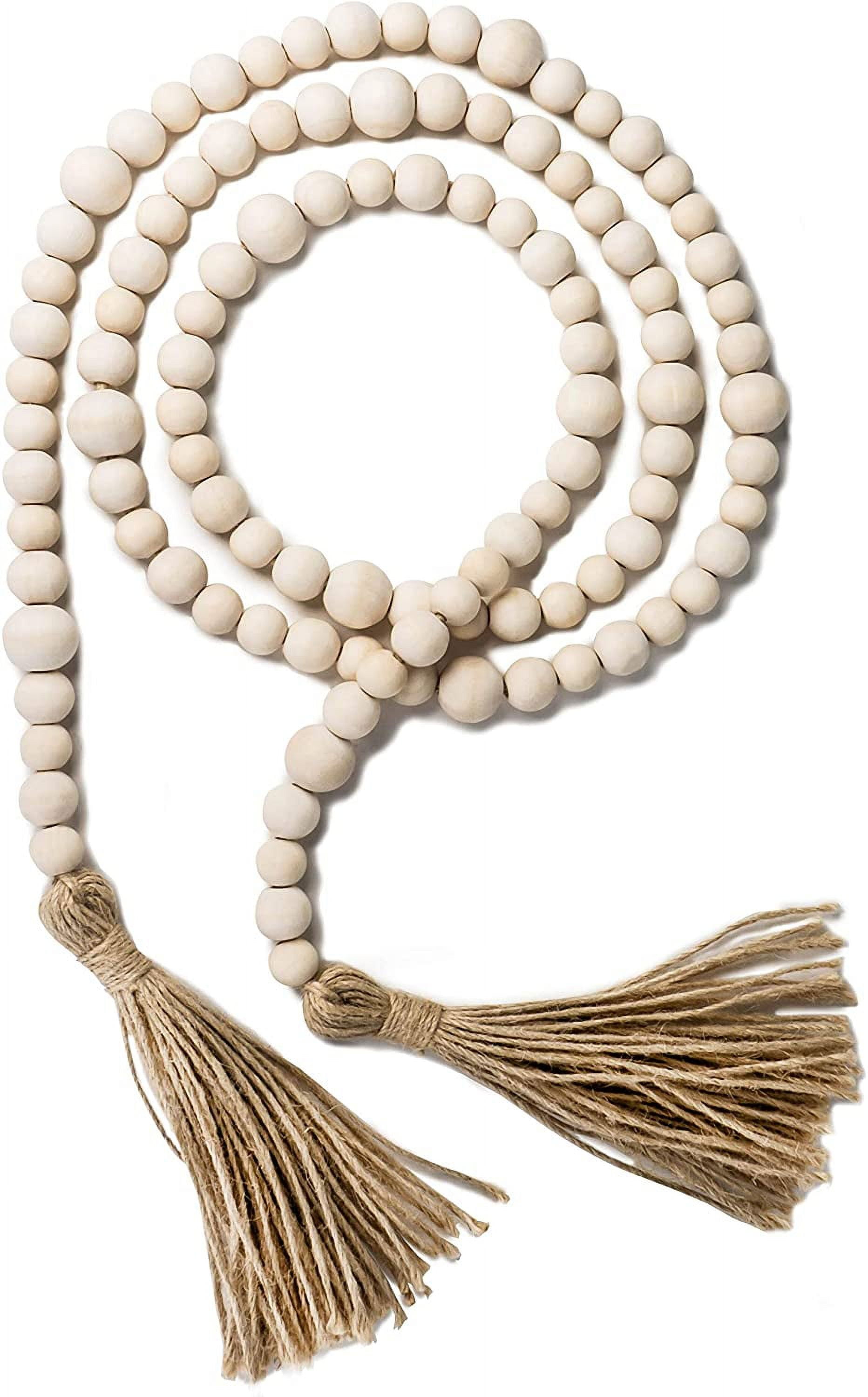 Yirtree Rustic Wooden Bead Garland with Linen Rope Tassels, 57 Inch ...