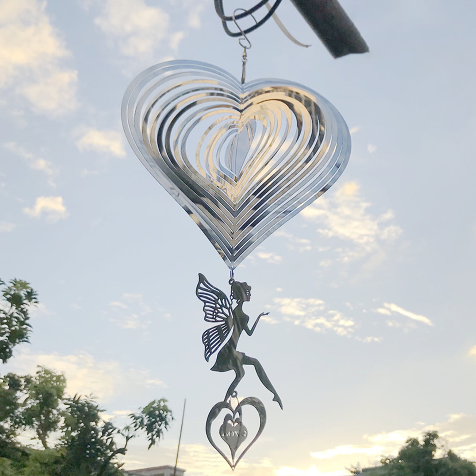 Yirtree Stainless Steel 3D Wind Spinner Outdoor Silver Heart Angel Wind ...