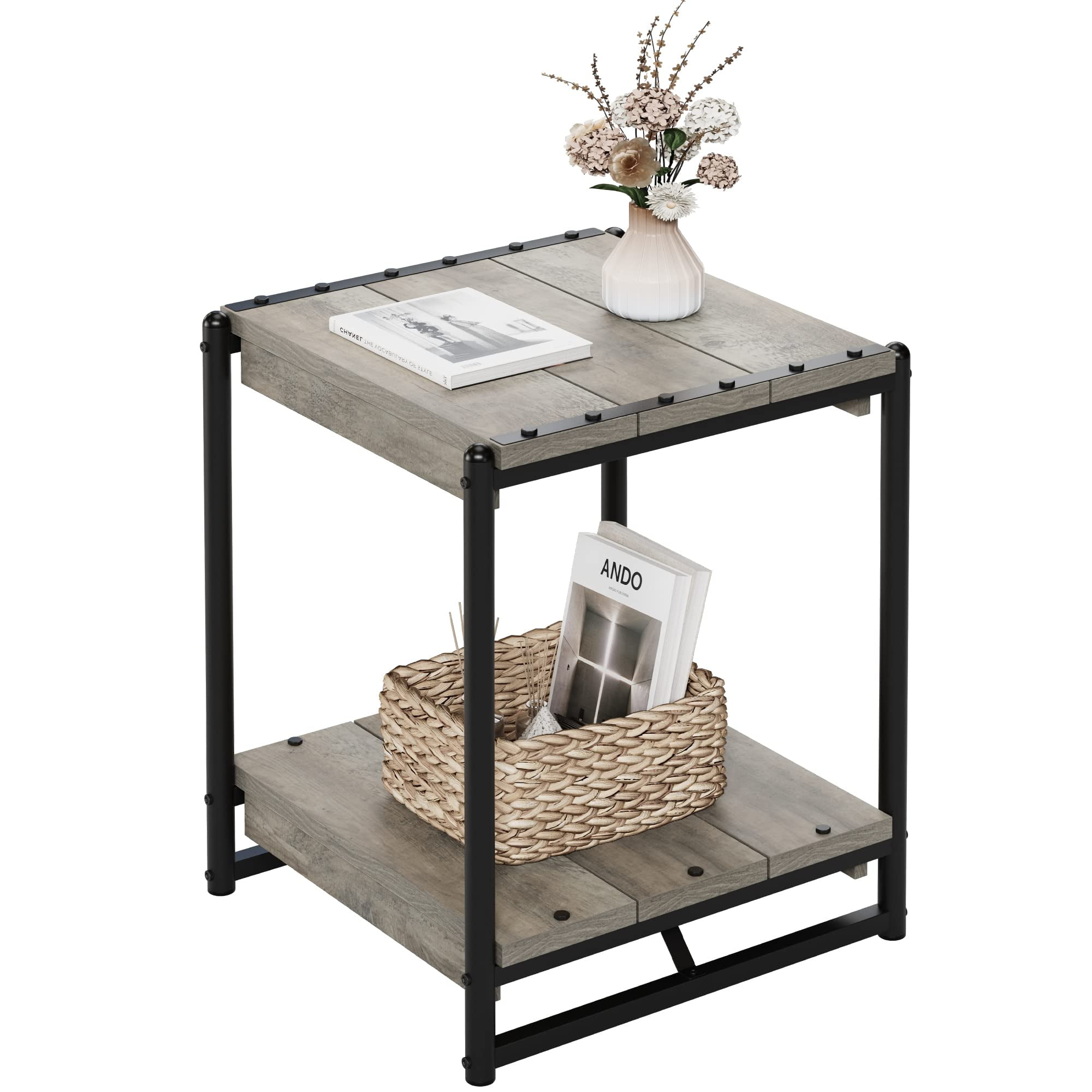 Yiwa 20" Square Wood End Table with 2 Tier Shelf, Metal Frame Side ...