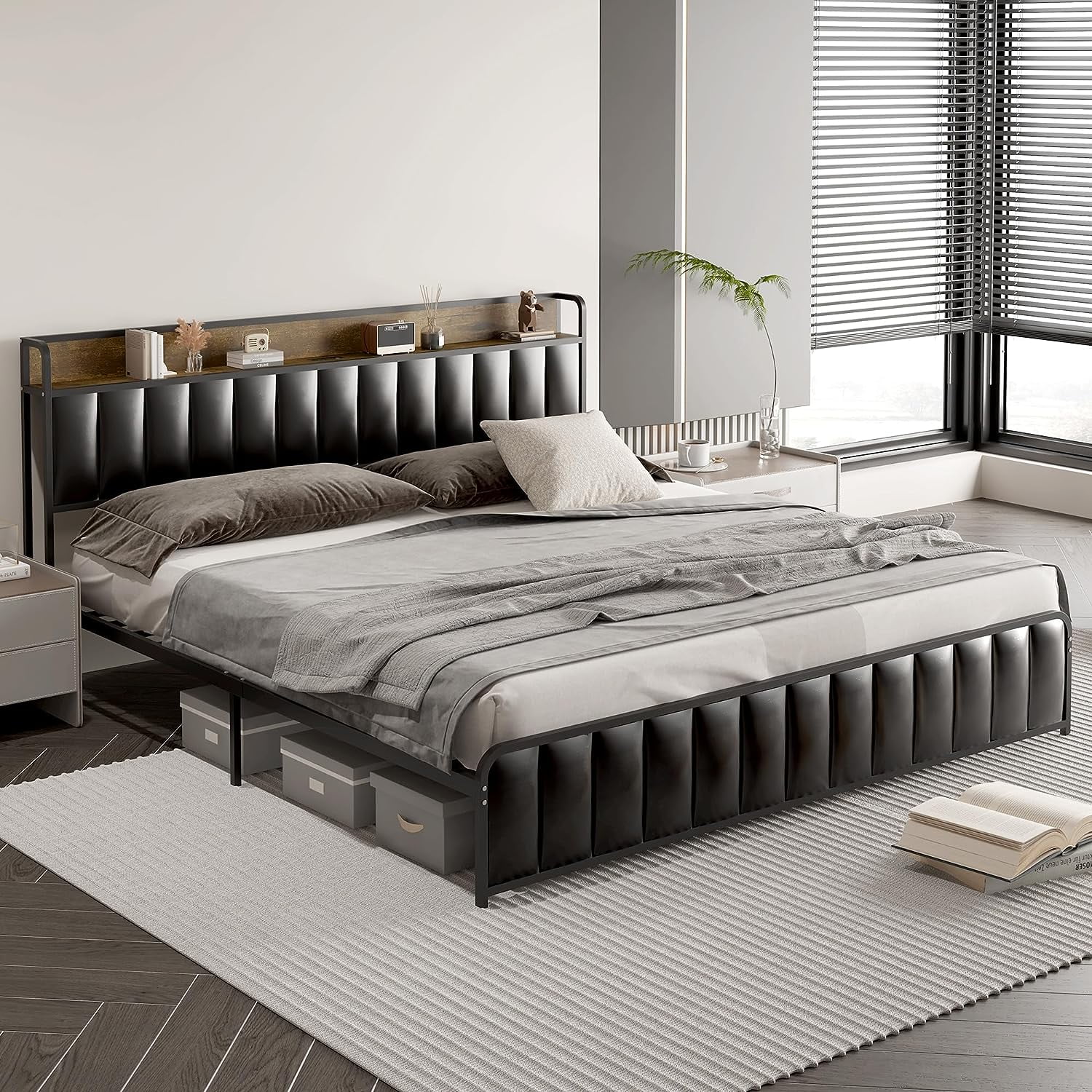 Yiwa Full Bed Frame with USB Ports and Outlets, Upholstered Platform ...