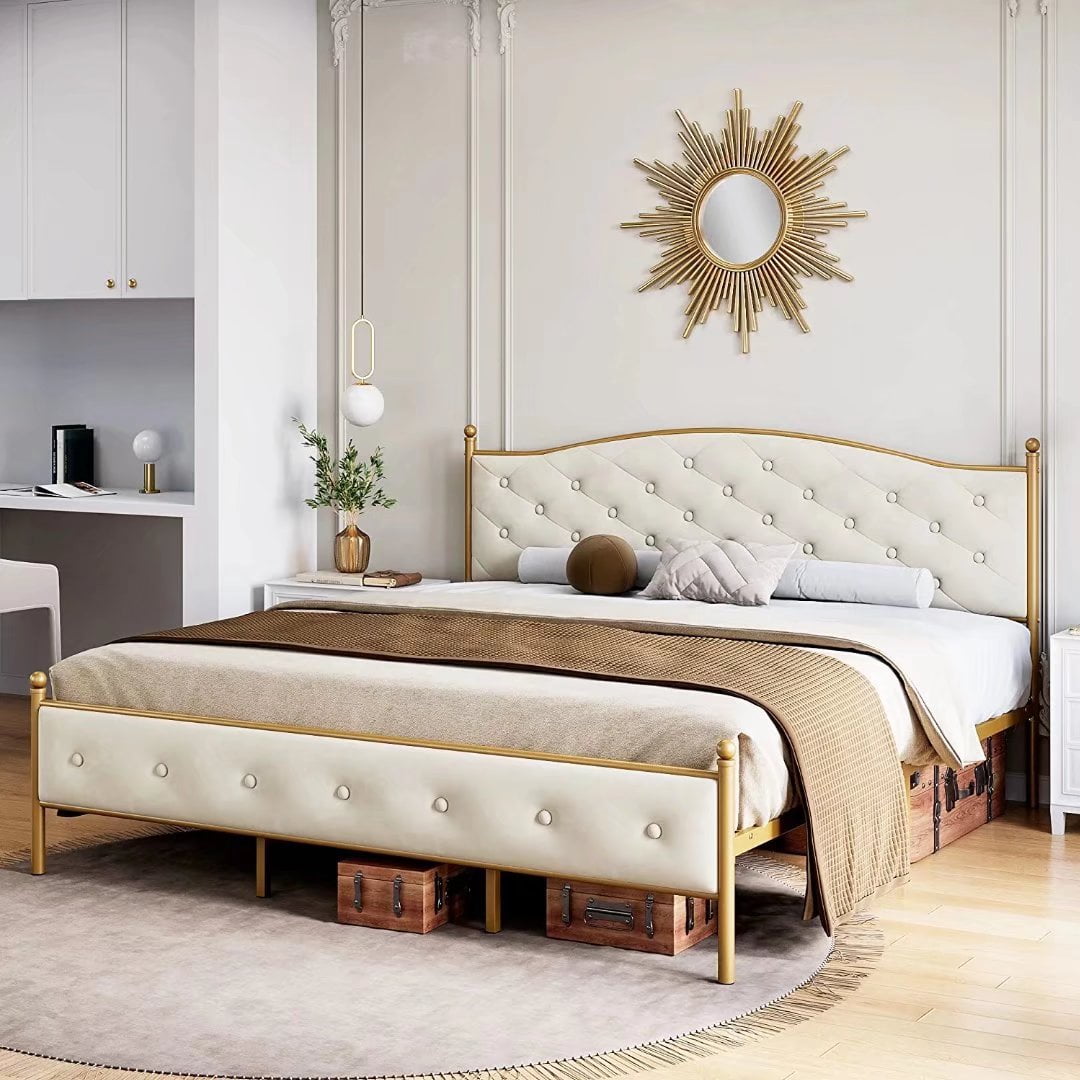 Yiwa Full Size Beige Velvet Upholstered Bed Frame, Button Tufted ...