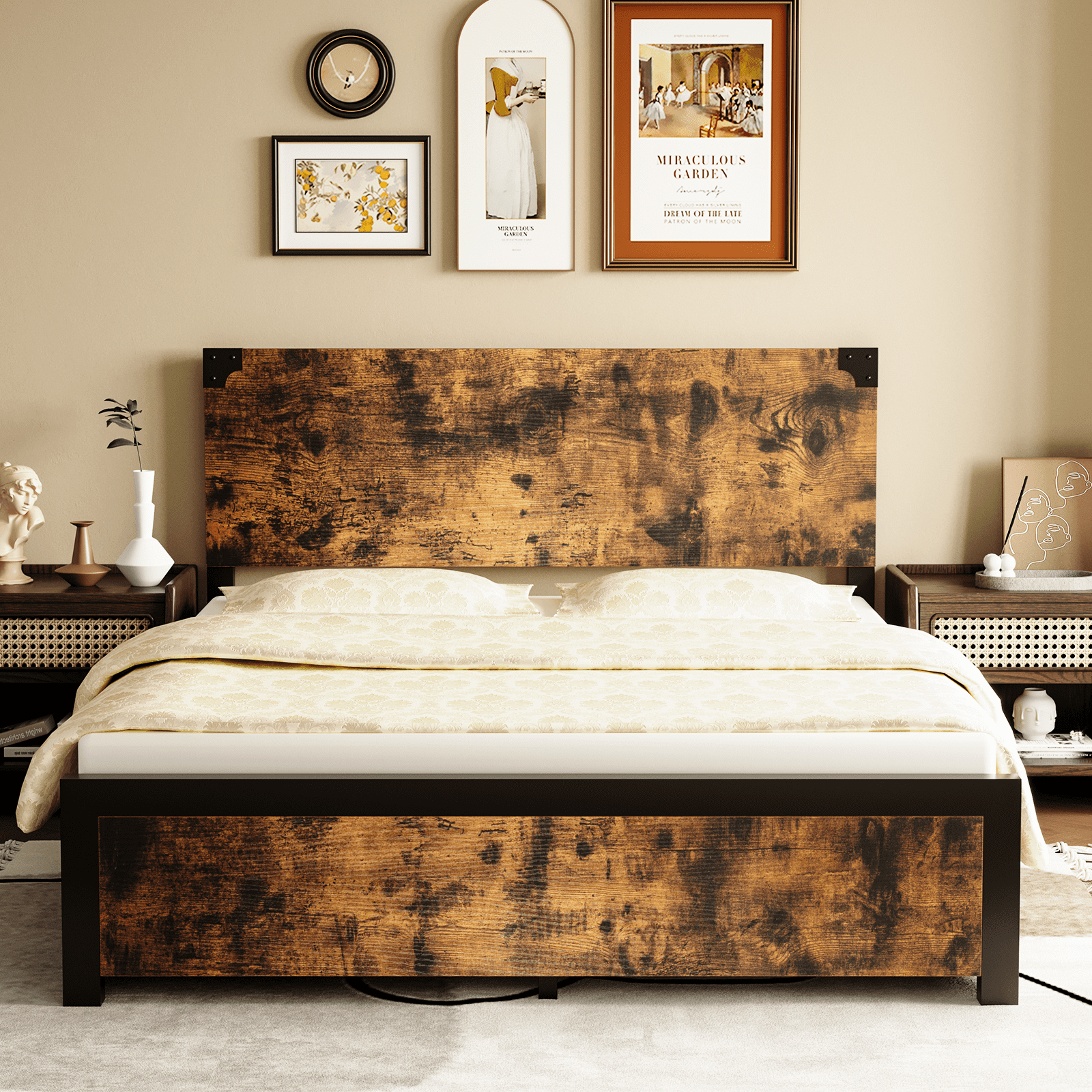 Yiwa Full Size Platform Bed Frame with Wood Headboard and Footboard, No ...
