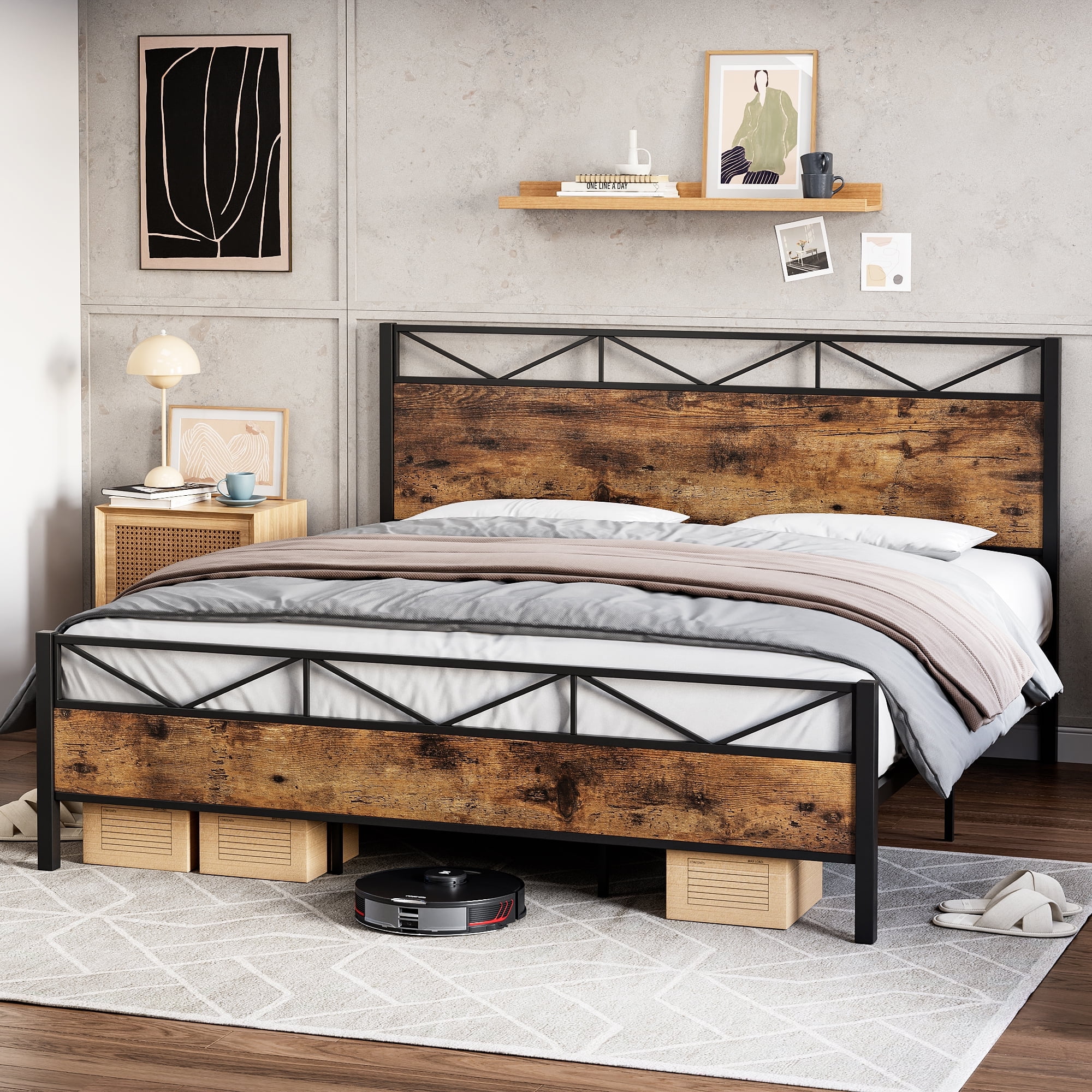 Yiwa Heavy Duty King Bed Frame with Rustic Wood Headboard, Metal ...