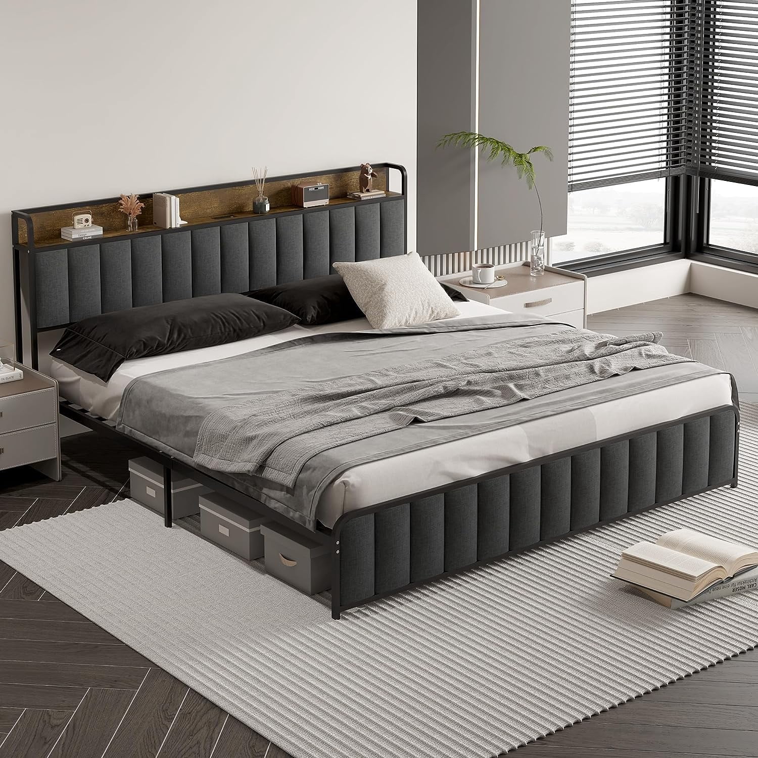 Yiwa King Bed Frame with USB Ports and Outlets, Upholstered Platform ...