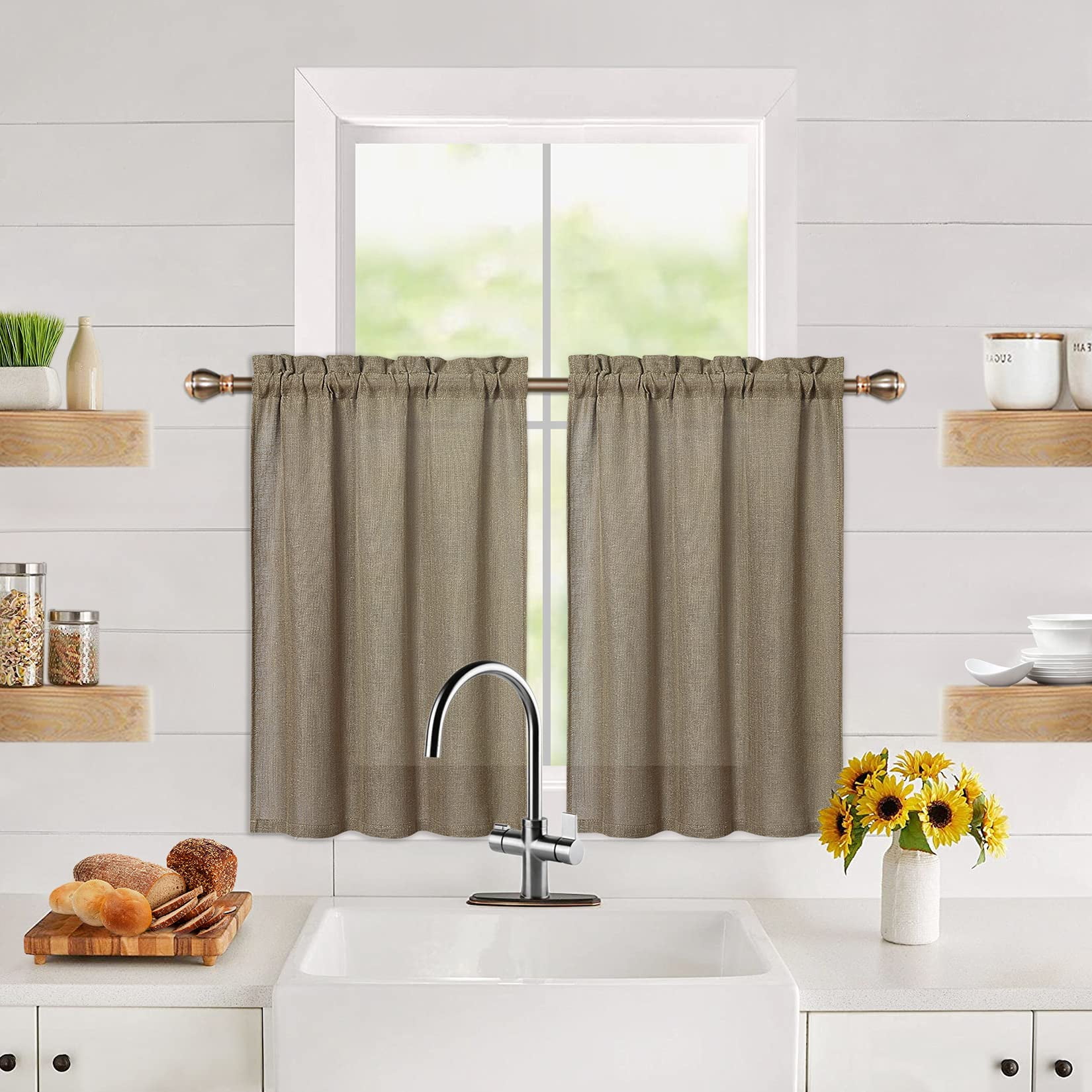 Yiwa Linen Short Curtains for Kitchen Window, Rustic Farmhouse Linen ...