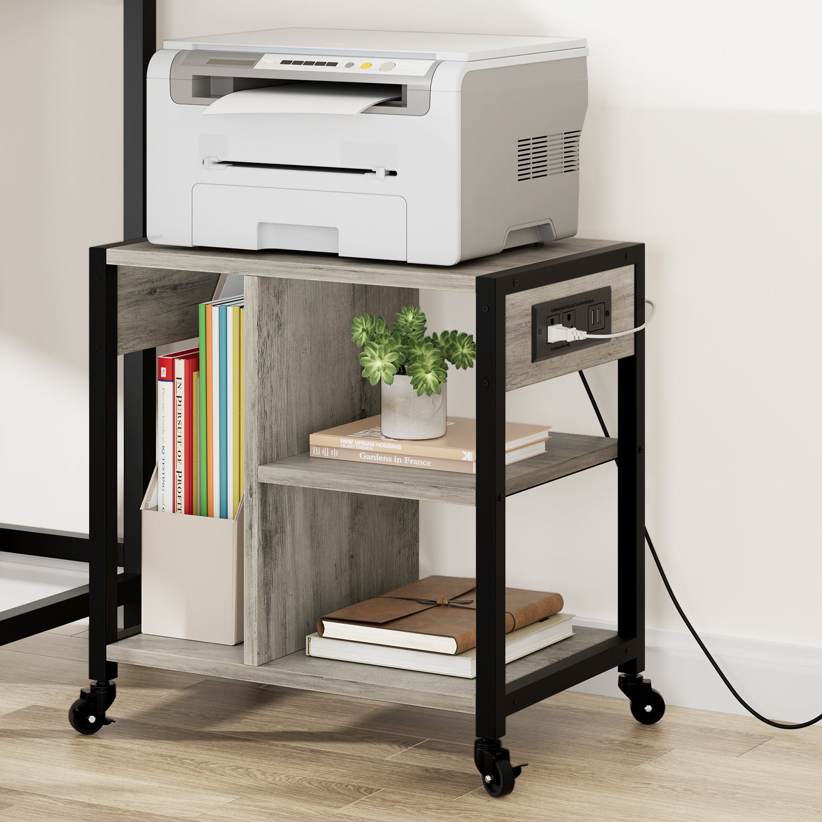 Yiwa Printer Cart with Power Outlets and USB Charging Ports, 3-Tier ...
