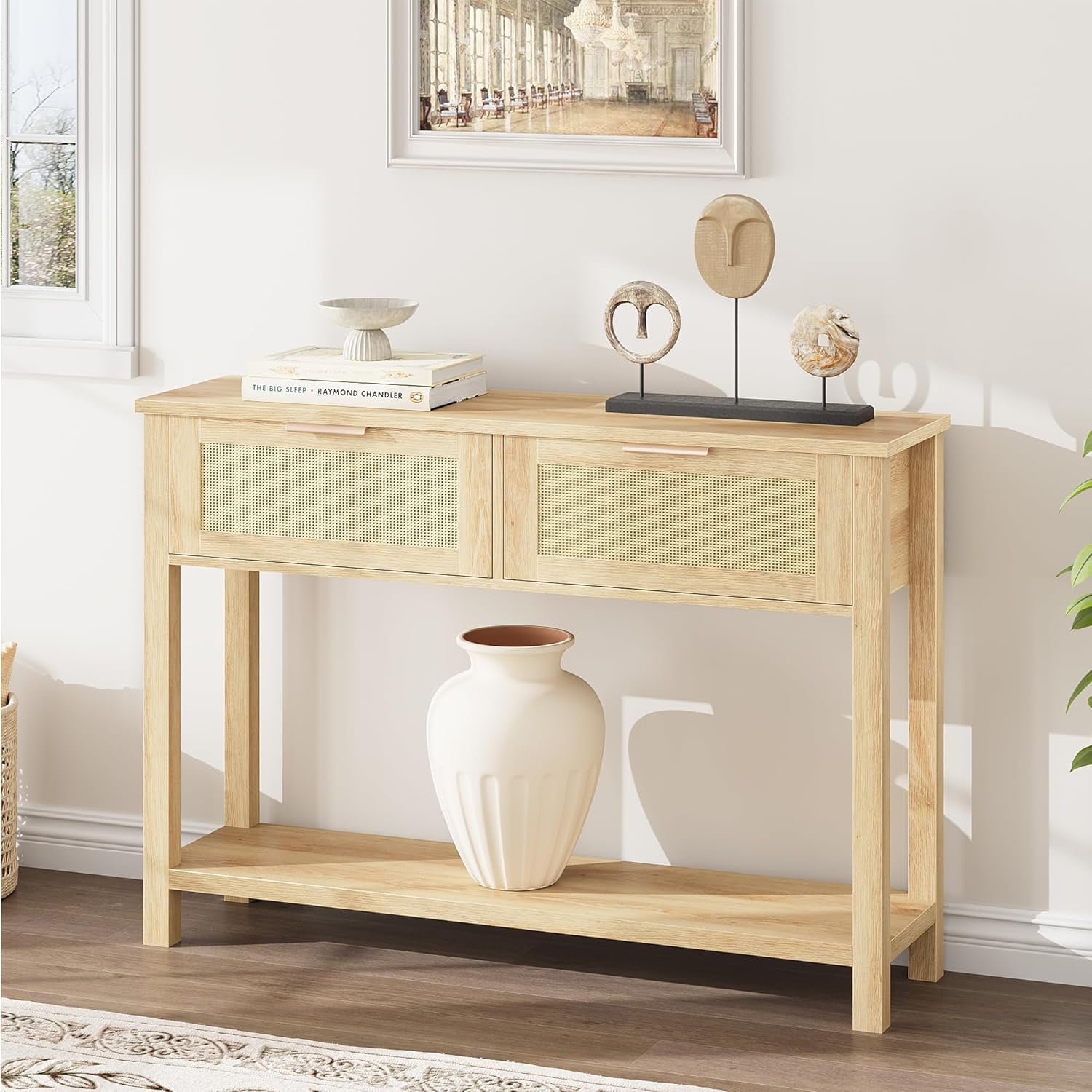 Yiwa Rattan Entryway Console Table with 2 Drawers and Storage Shelf ...