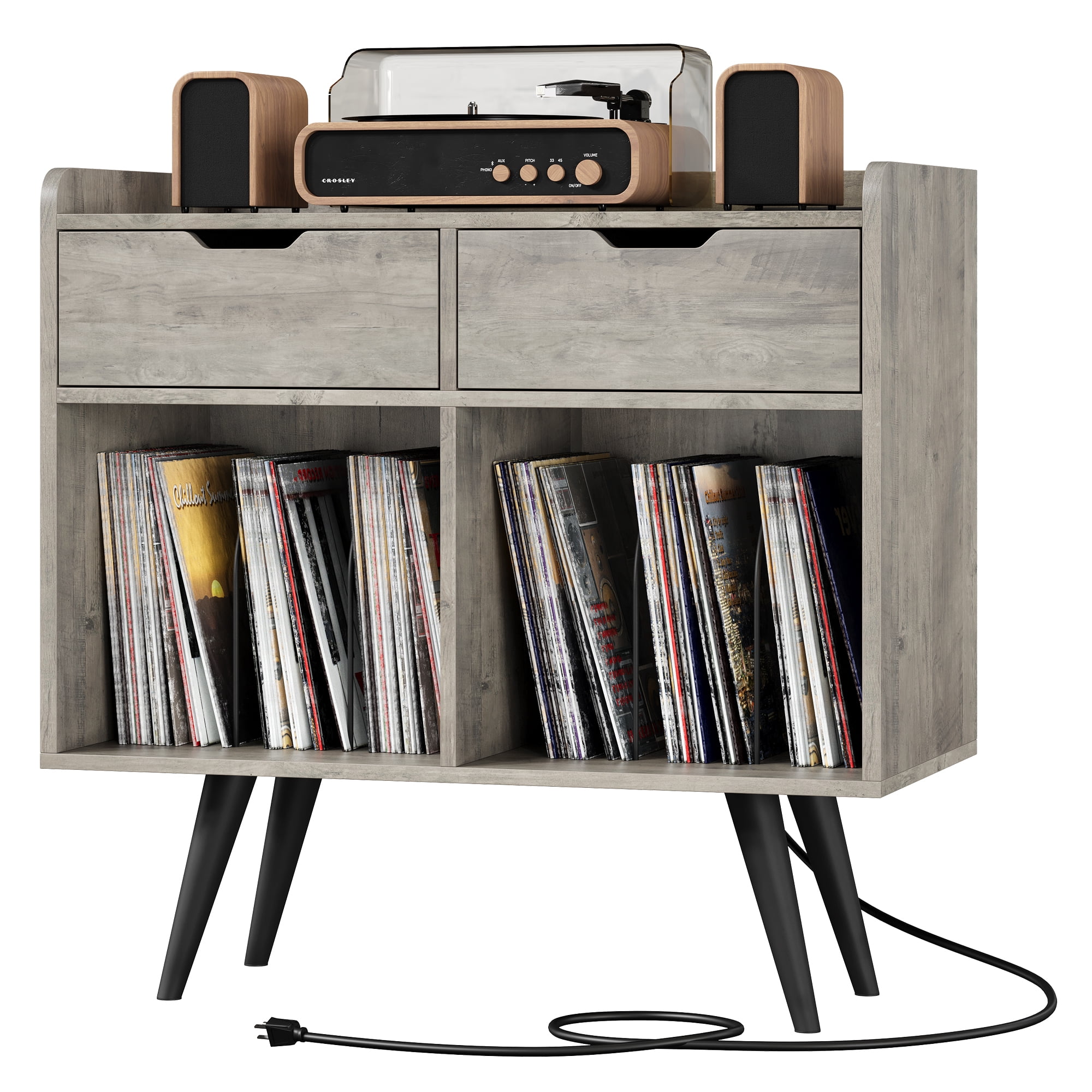 Yiwa Wooden Record Player Stand with Charging Station, Storage Drawers ...