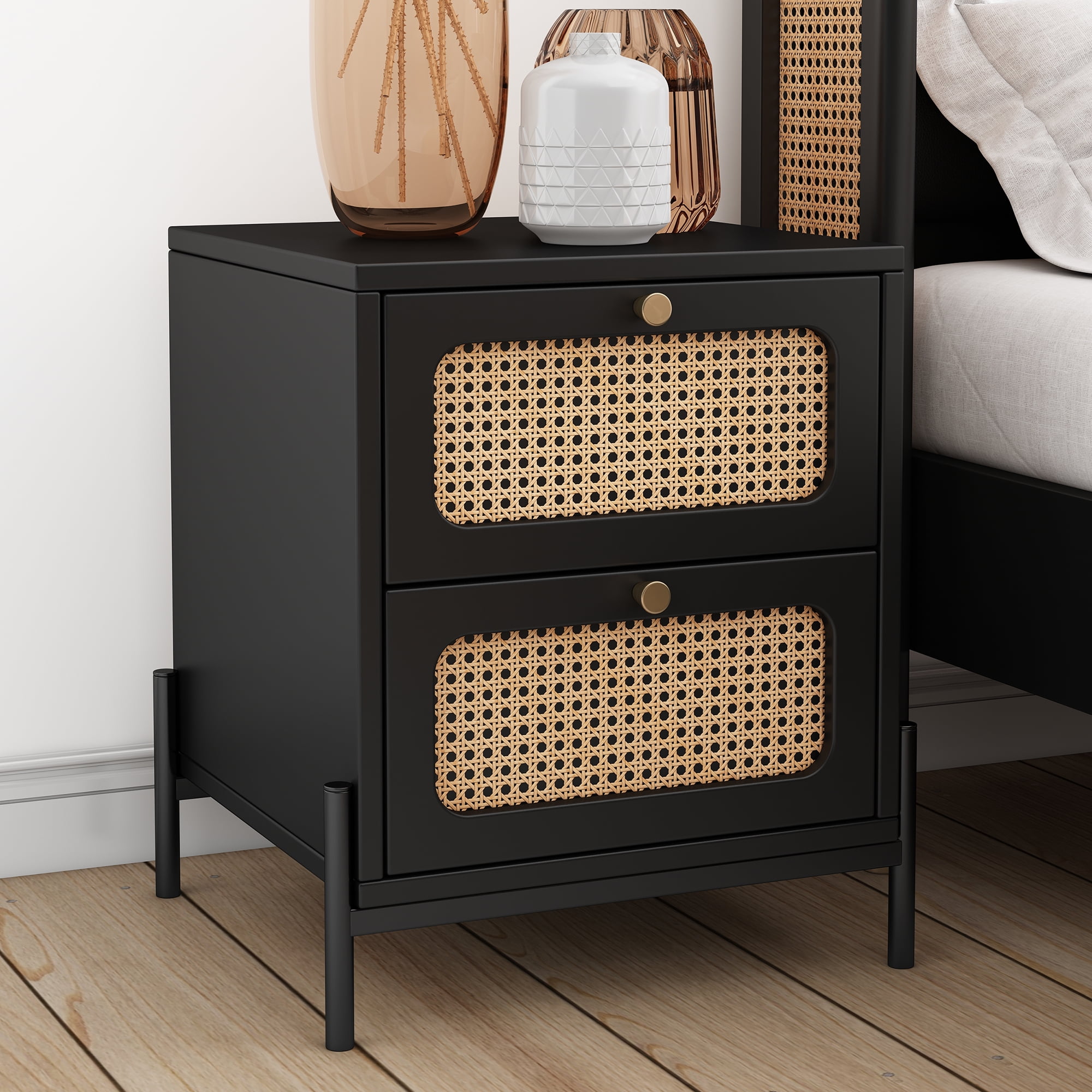 Yiwa Retro Nightstand with 2 Rattan Drawers Black Side Table for ...