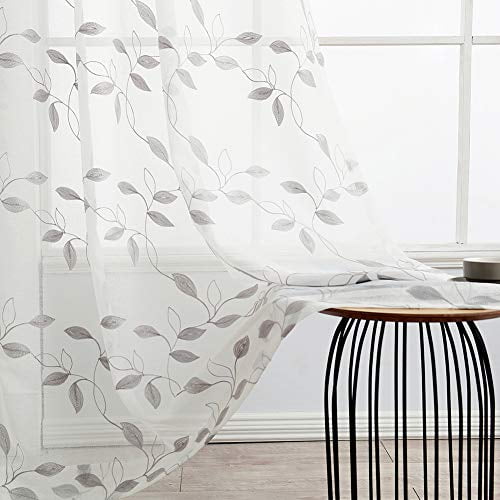 Yiwa Sheer Curtains, Leaf Embroidery Sheer Window Curtains Faux Linen ...