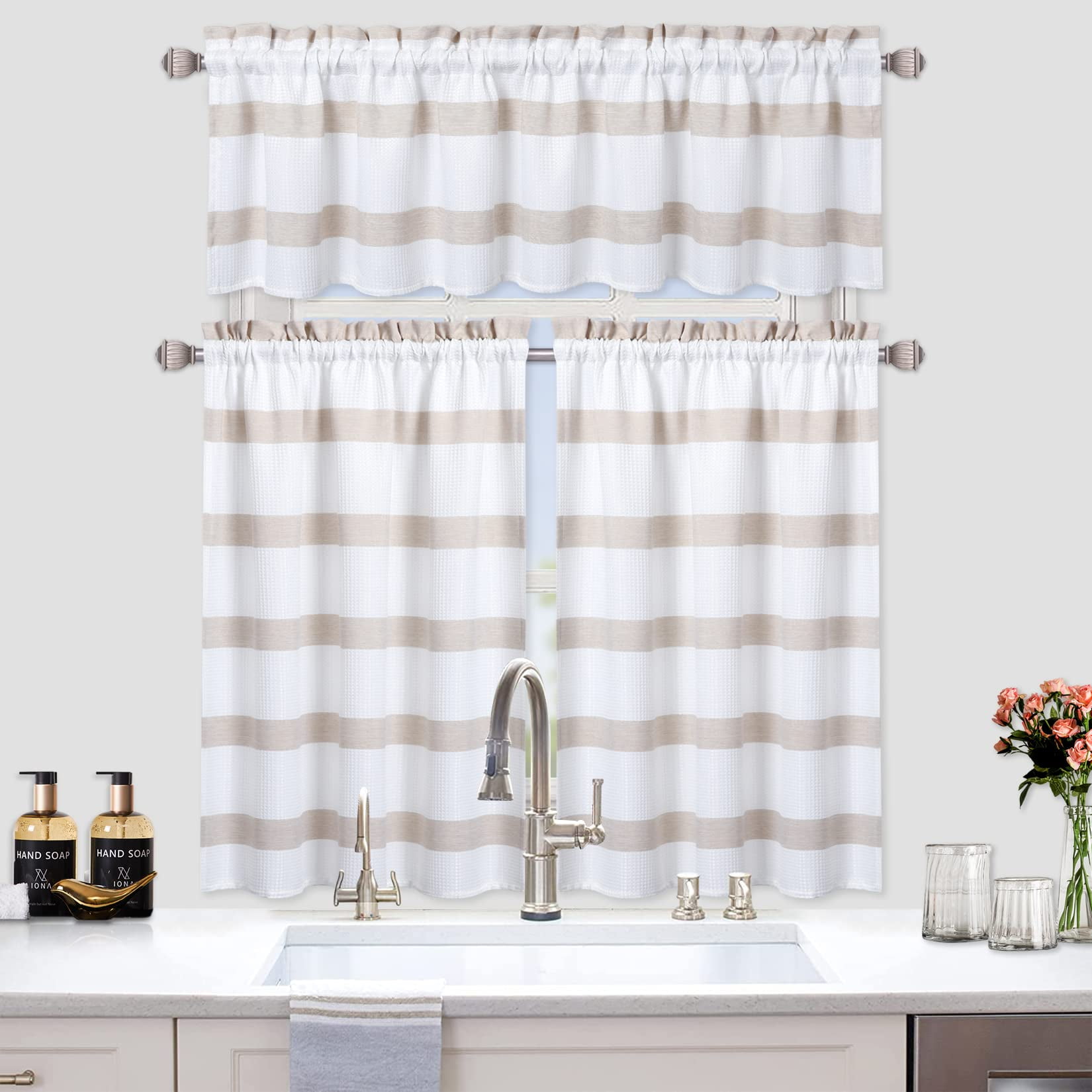 Yiwa Stripe Pattern Kitchen Valances for Window, Waffle Weave Textured ...