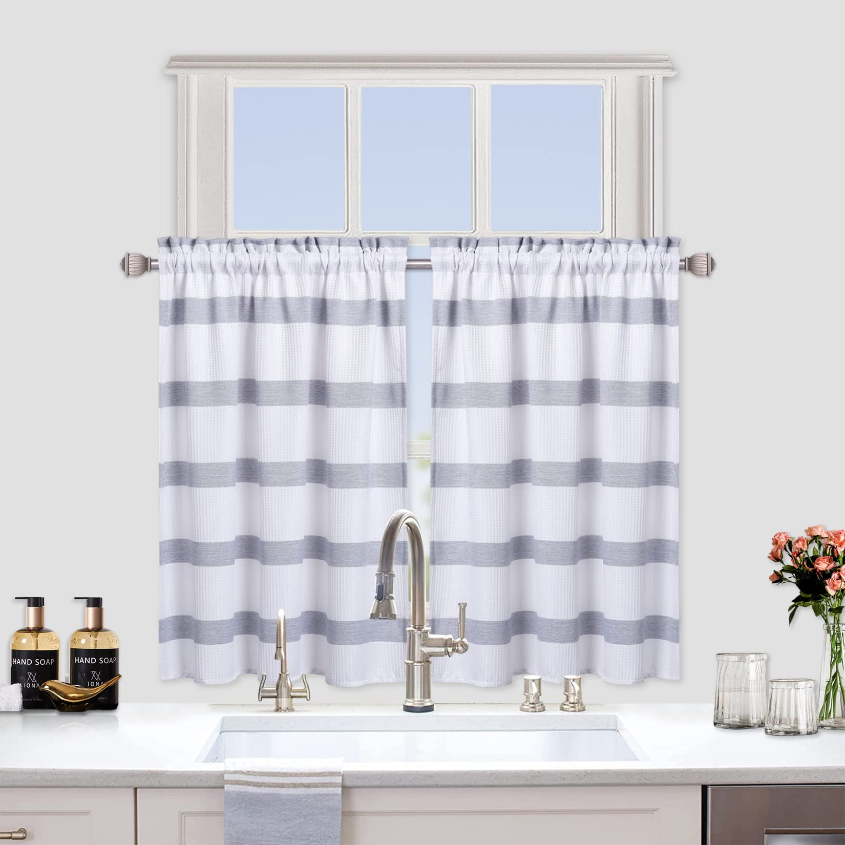 Yiwa Stripe Pattern Kitchen Valances for Window, Waffle Weave Textured ...