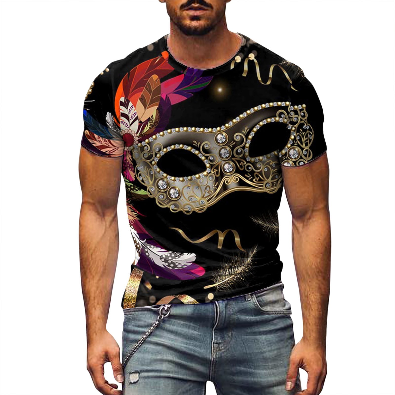 Yiwula Men Basic Tee Male Carnival Digital 3D Printing Loose Button Lapel Short Sleeved T Shir ...