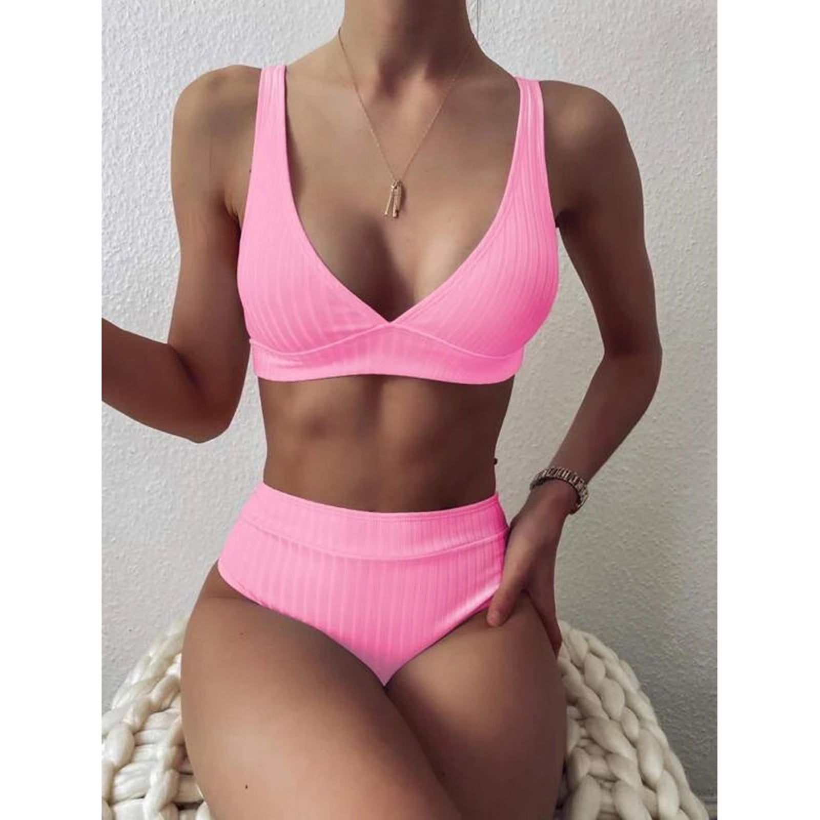 Yiwvw Women Striped Push Up High Cut Hight Waist Halter Bikini Set Two